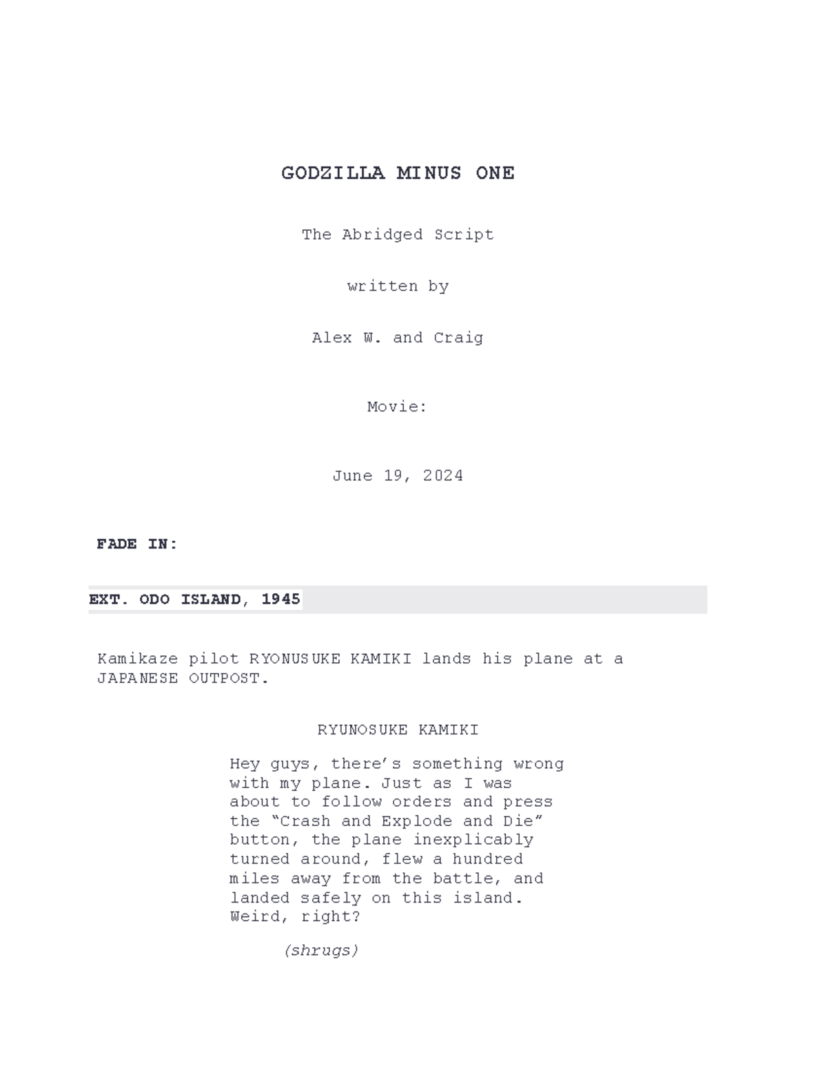 Godzilla Minus One- Script - GODZILLA MINUS ONE The Abridged Script ...