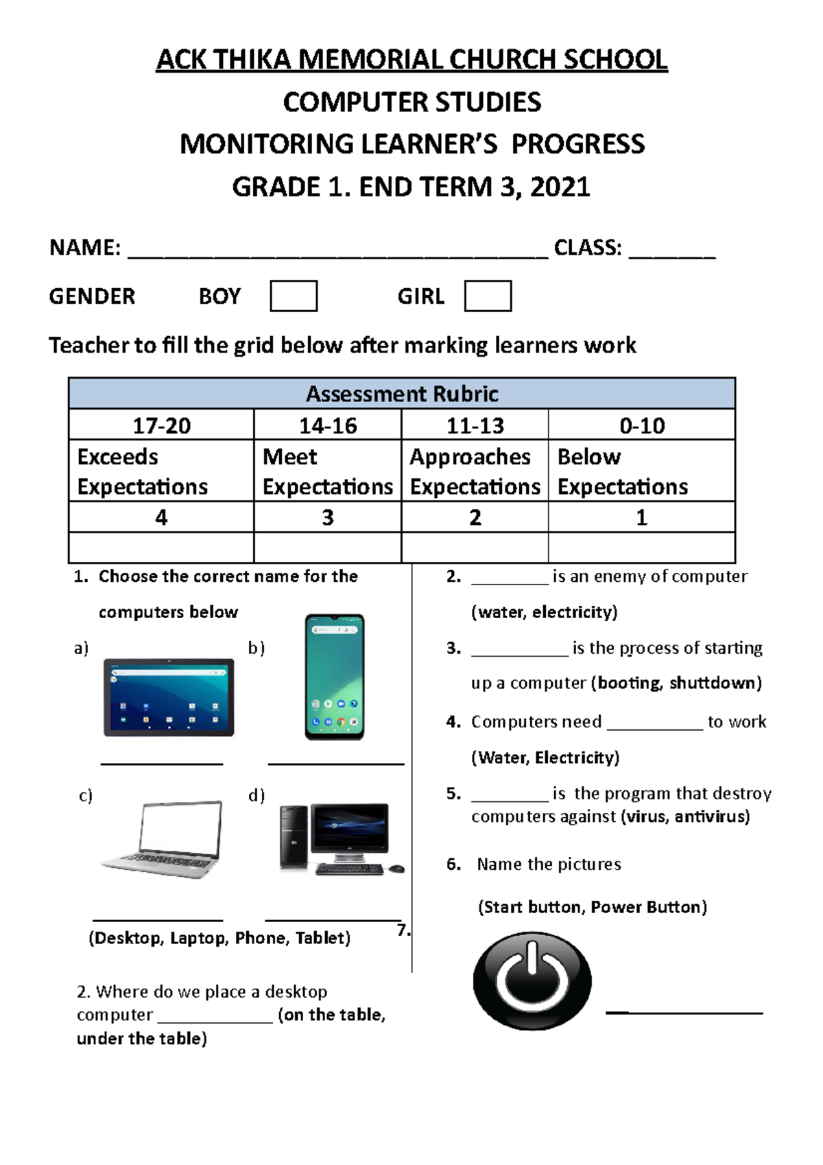 Computer Studies Grade 1 EXAM T3 2021 edited - ACK THIKA MEMORIAL ...