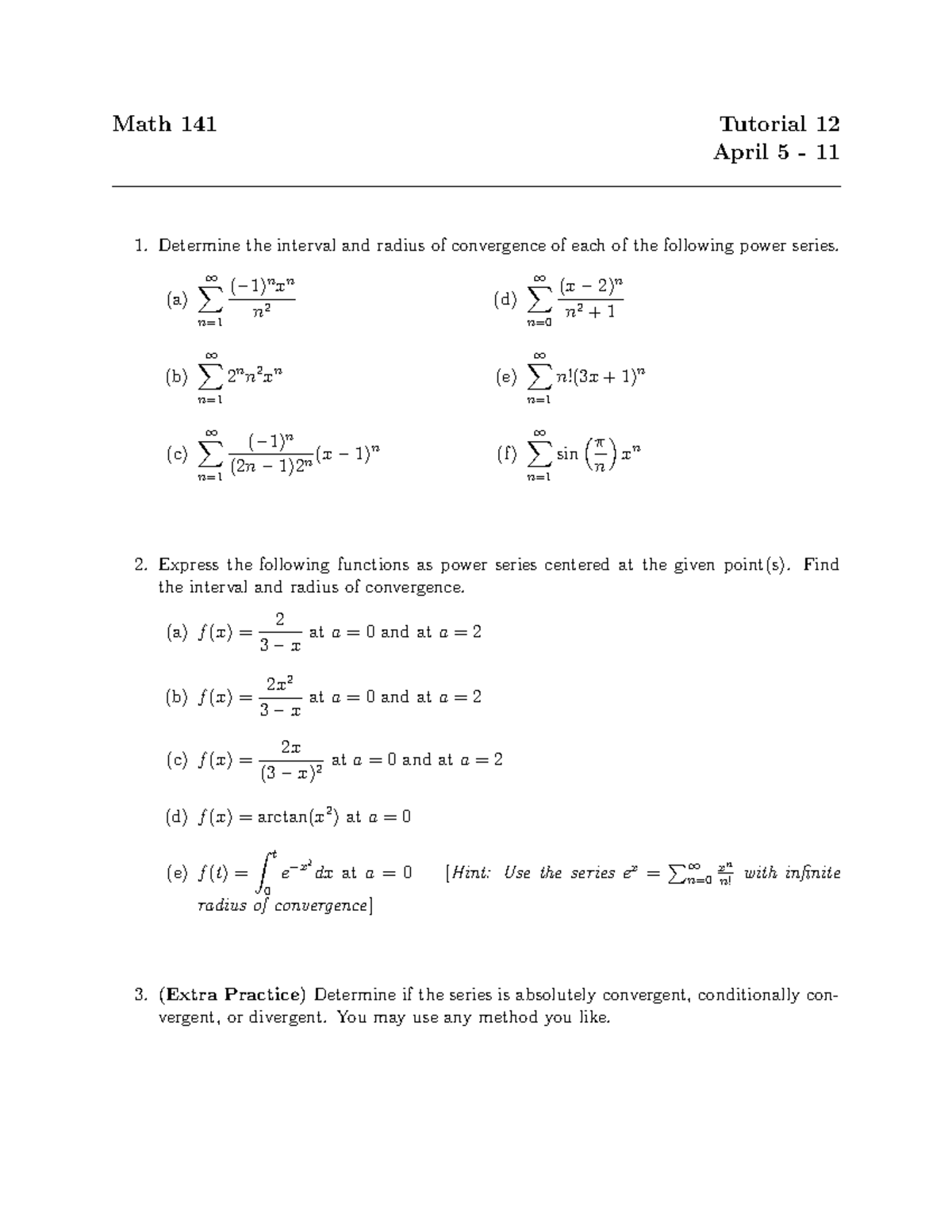 Math 141 Tutorial 12 - Practice questions for MATH 141 Mcgill. does not ...