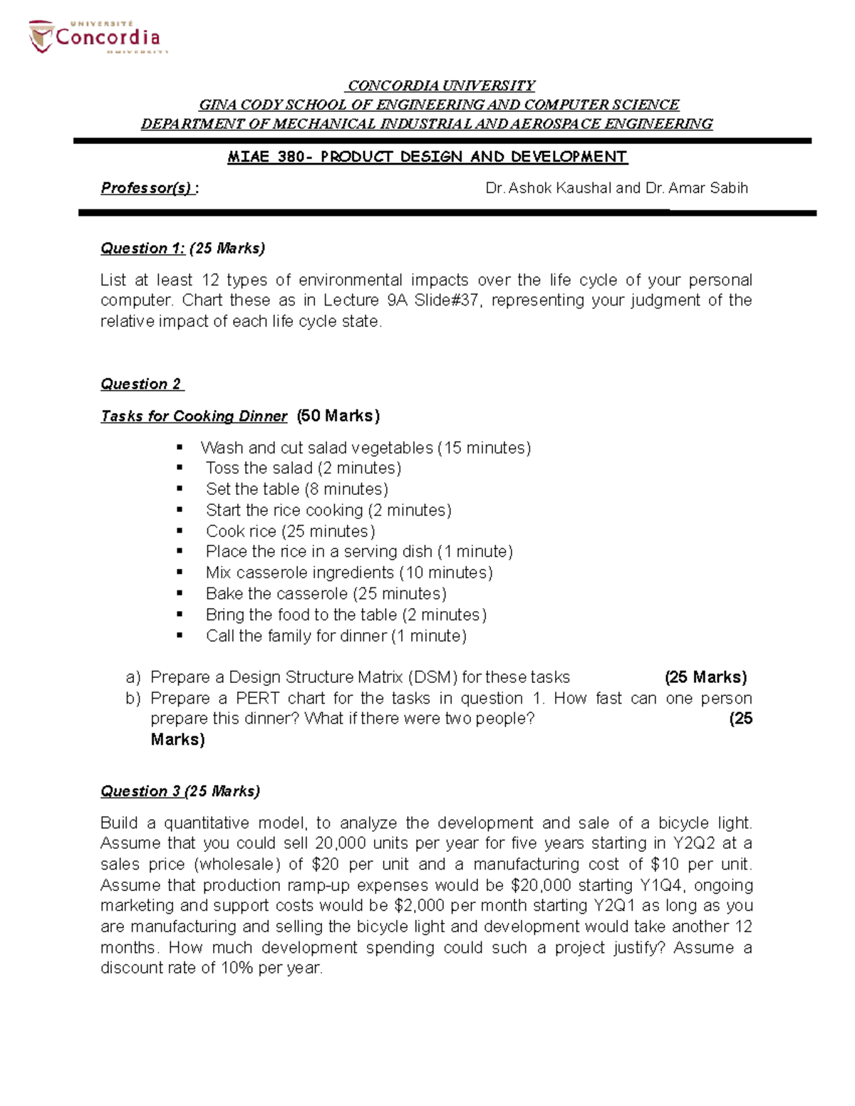 Mandatory Assignment 4 INDU 440 (MIAE 380) - CONCORDIA UNIVERSITY GINA ...