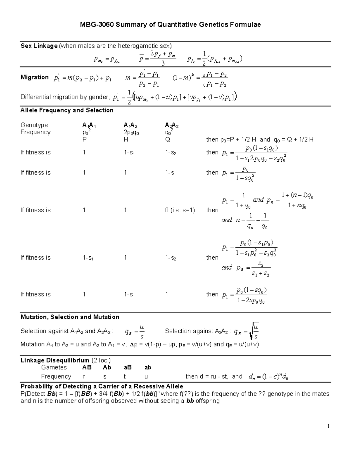 Formula Sheet - Summary Quantitative Genetics W - Summary of ...