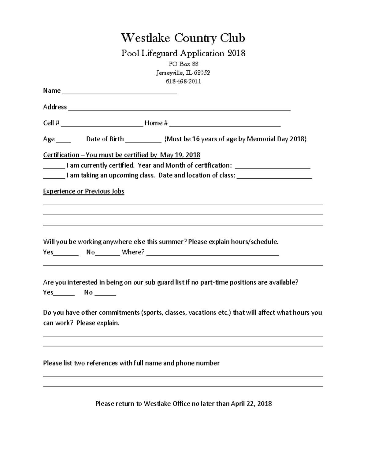 Lifeguard application 2018 3 - Westlake Country Club Pool Lifeguard ...