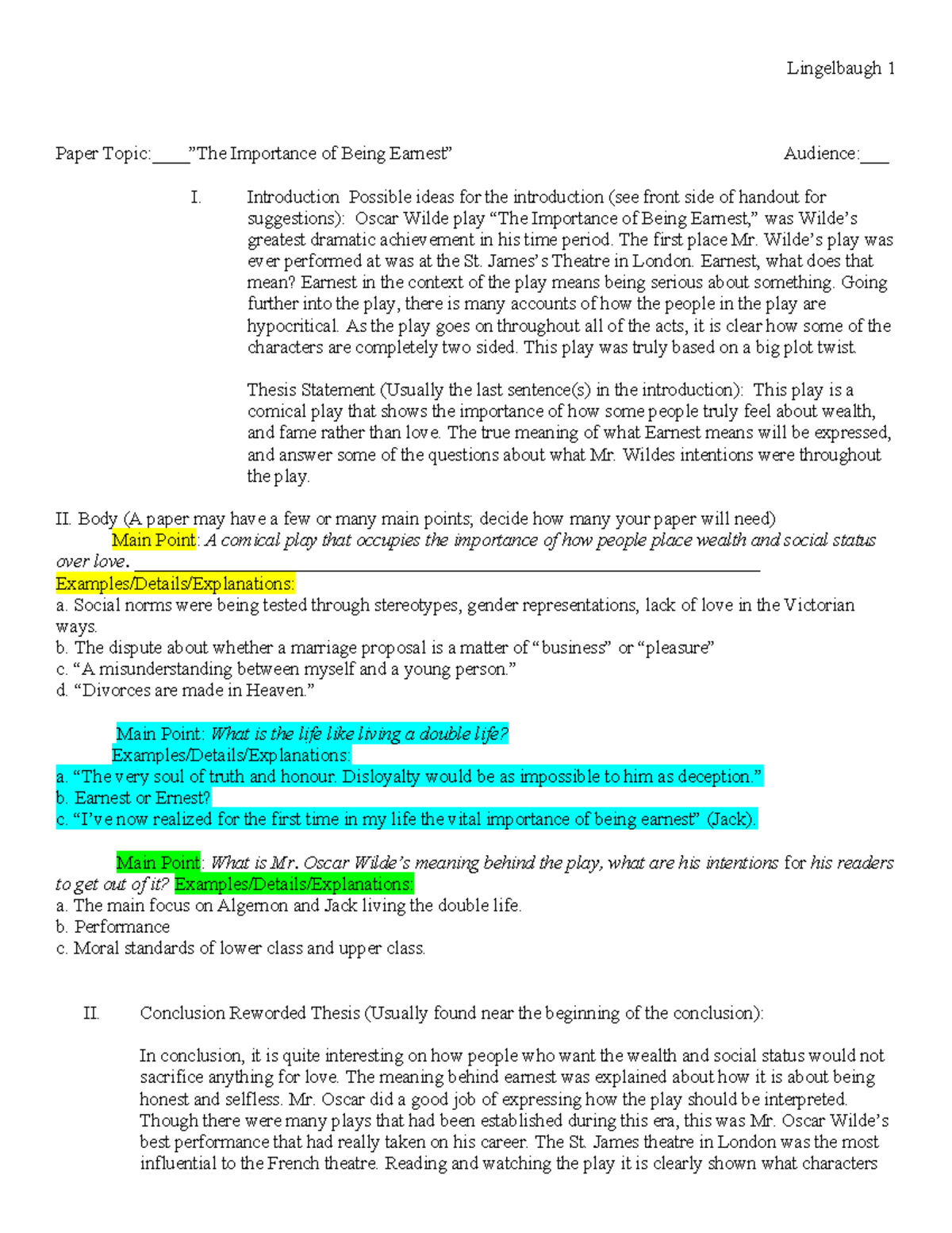 "The Importance of Being Earnest" - Lingelbaugh 1 Paper Topic:_”The ...