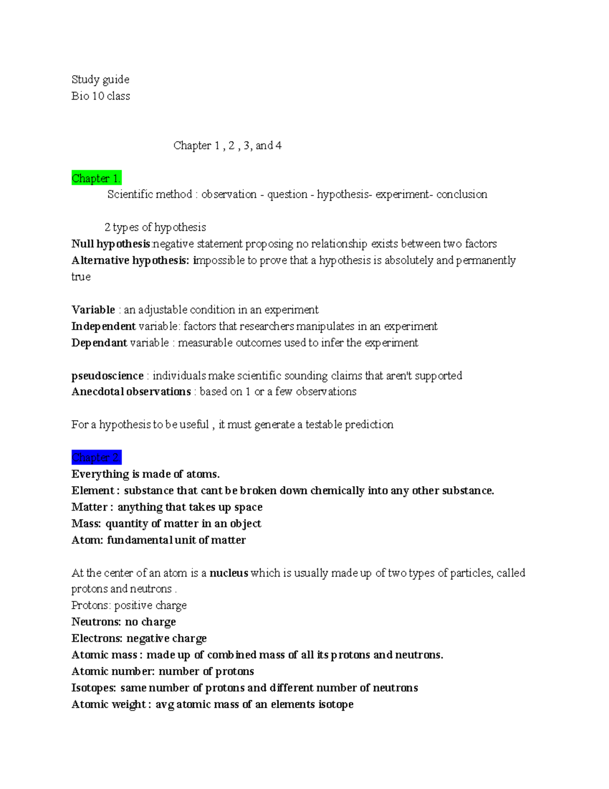 Bio 10 midterm guide - Study guide Bio 10 class Chapter 1 , 2 , 3, and ...