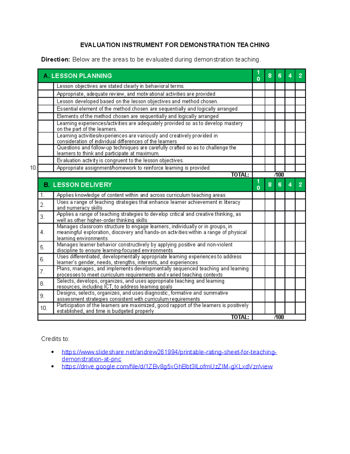 Rubric for Demo Teaching - EVALUATION INSTRUMENT FOR DEMONSTRATION ...