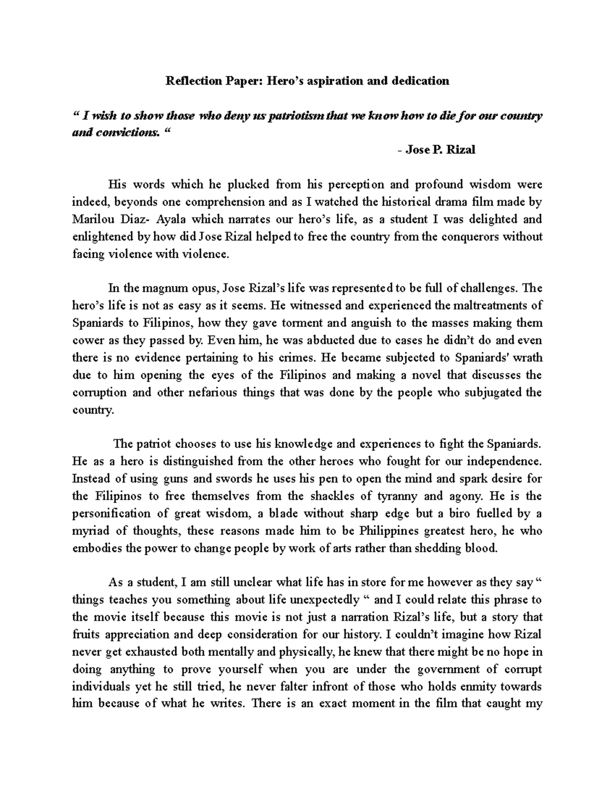 Reflection Paper (Rizal's Film 1998) - Reflection Paper: Hero’s ...