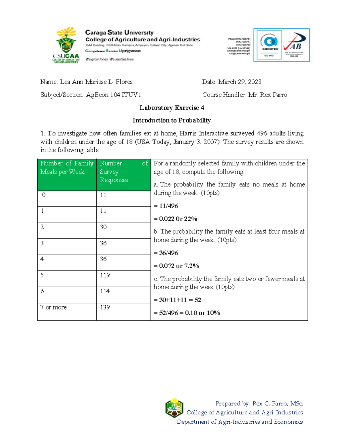 Ag Econ 104 lab3 - for reference - Prepared by: Rex G. Parro, MSc. College of Agriculture and ...