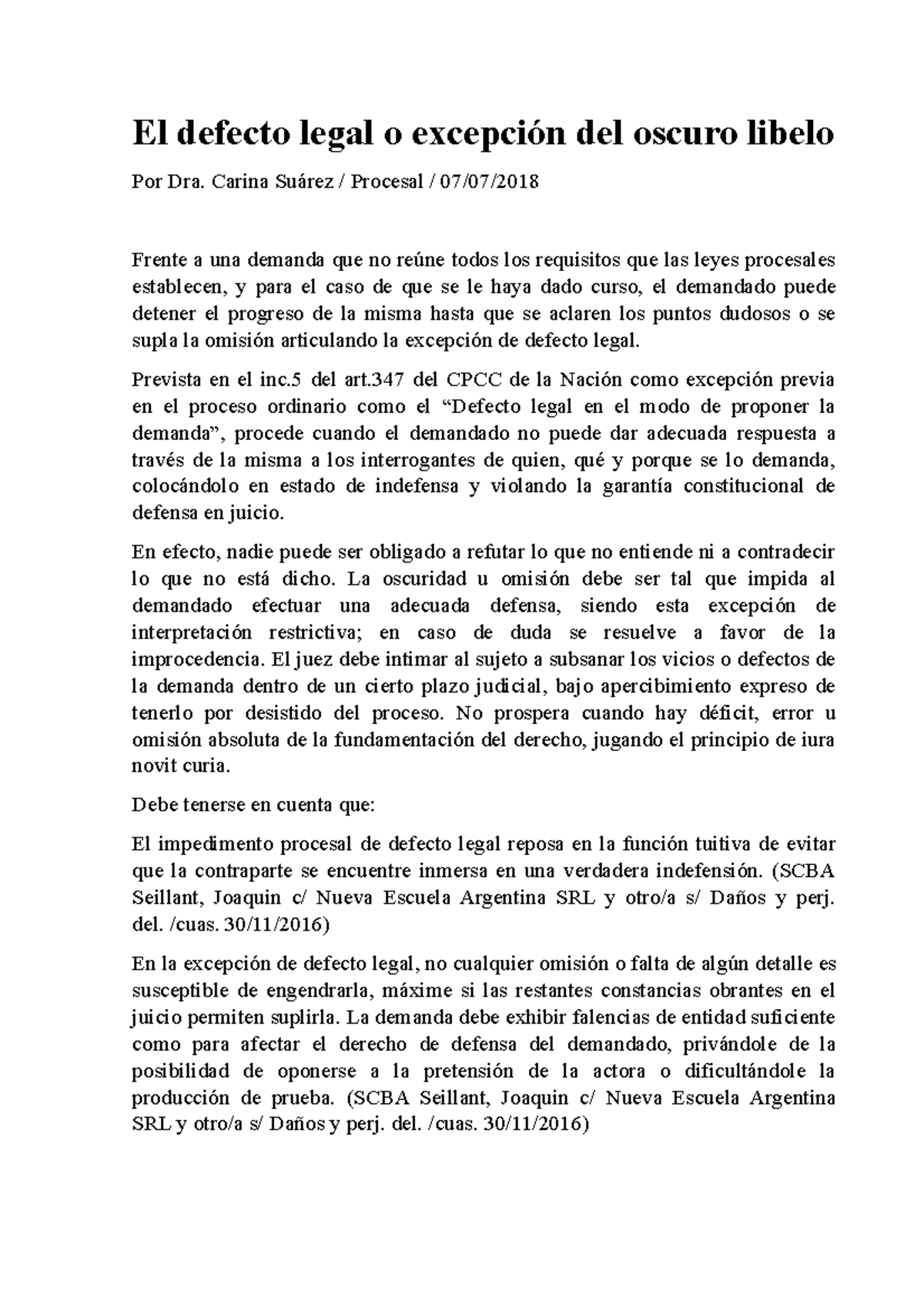 El Defecto Legal o Excepción Del Oscuro Libelo - El defecto legal o ...