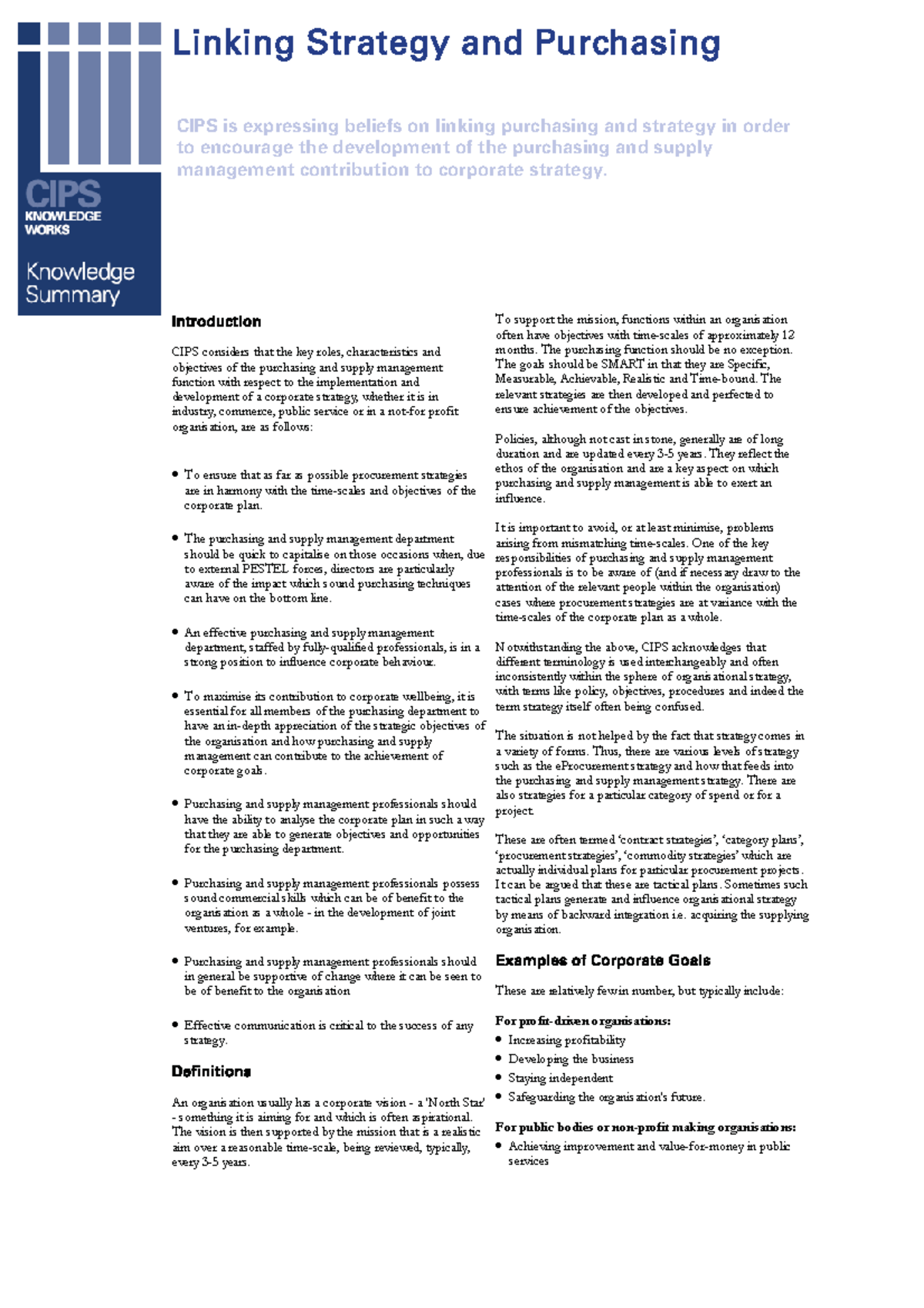 Linking strategy - procurement - CIPS is expressing beliefs on linking ...