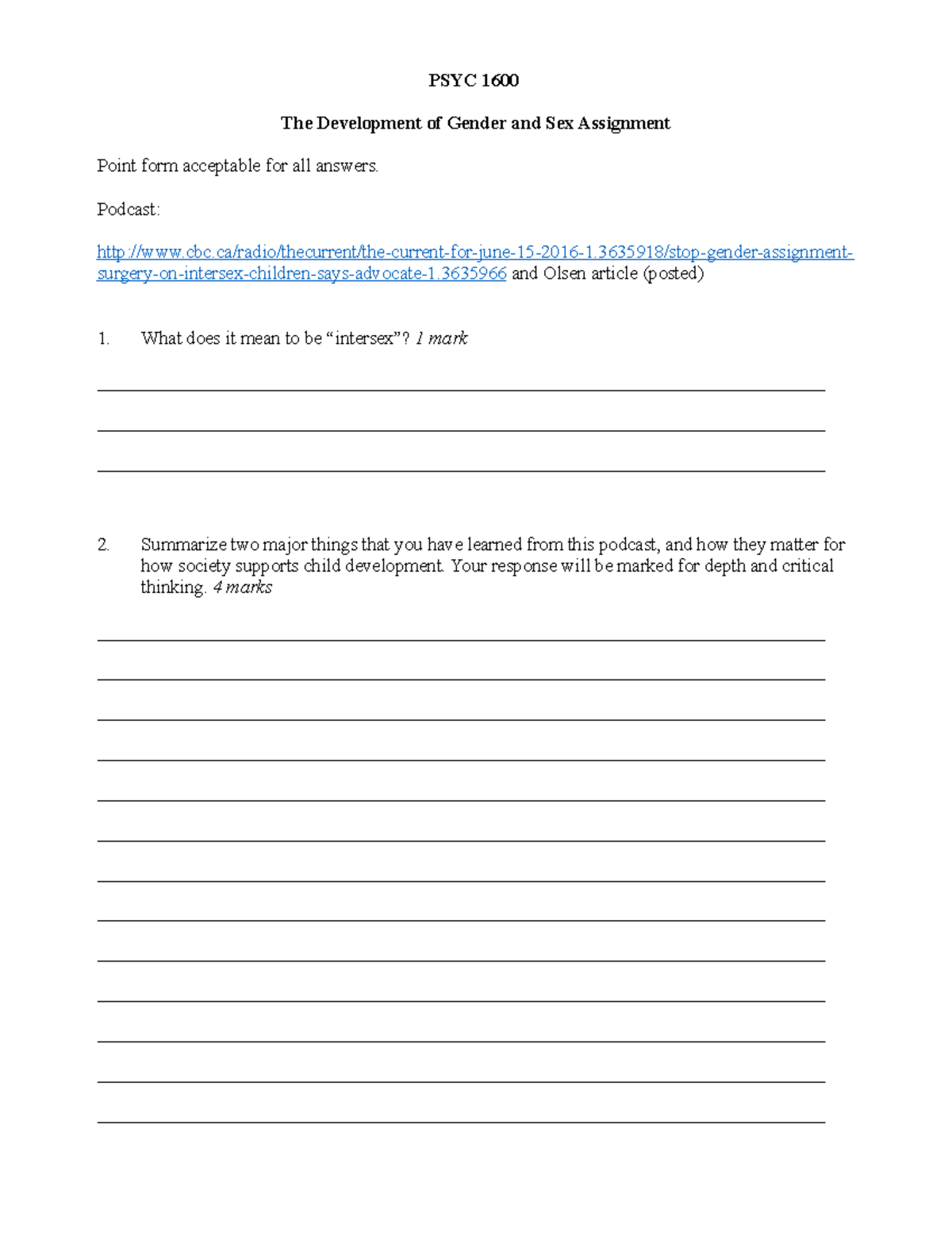 Gender Assignment - practical study guide - PSYC 1600 The Development ...