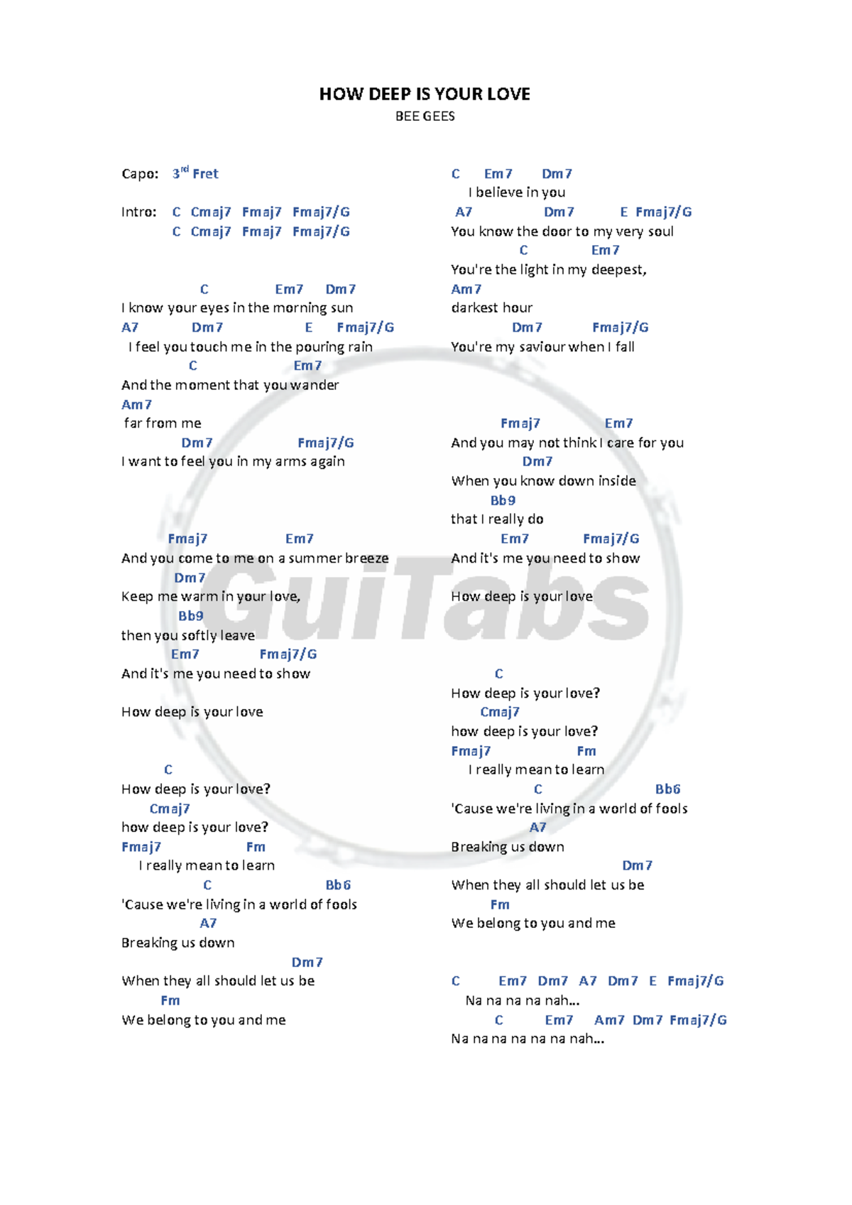 How Deep Is Your Love - Lyrics & Chords - HOW DEEP IS YOUR LOVE BEE ...