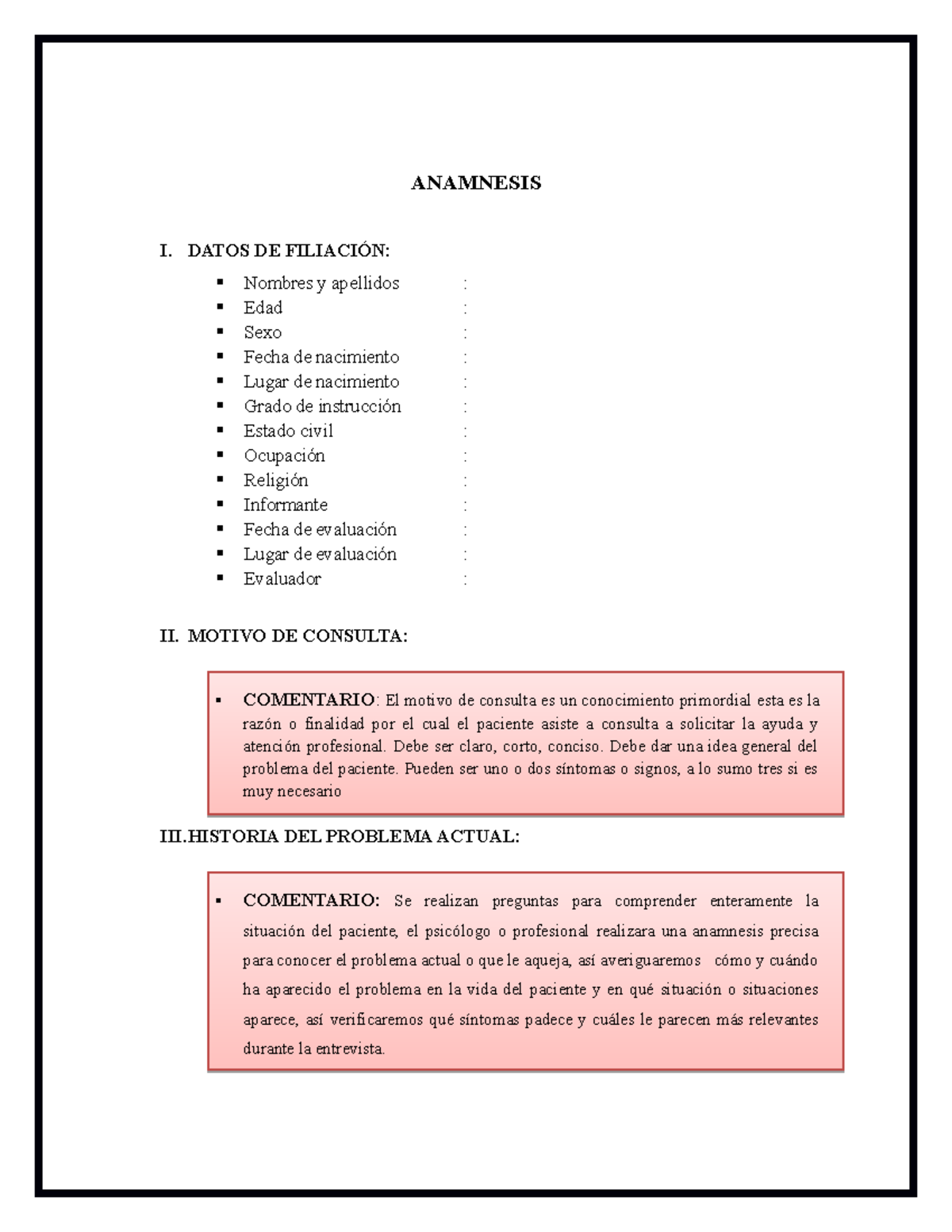 Anamnesis Modelo Final Para Entrevistas ANAMNESIS I DATOS DE
