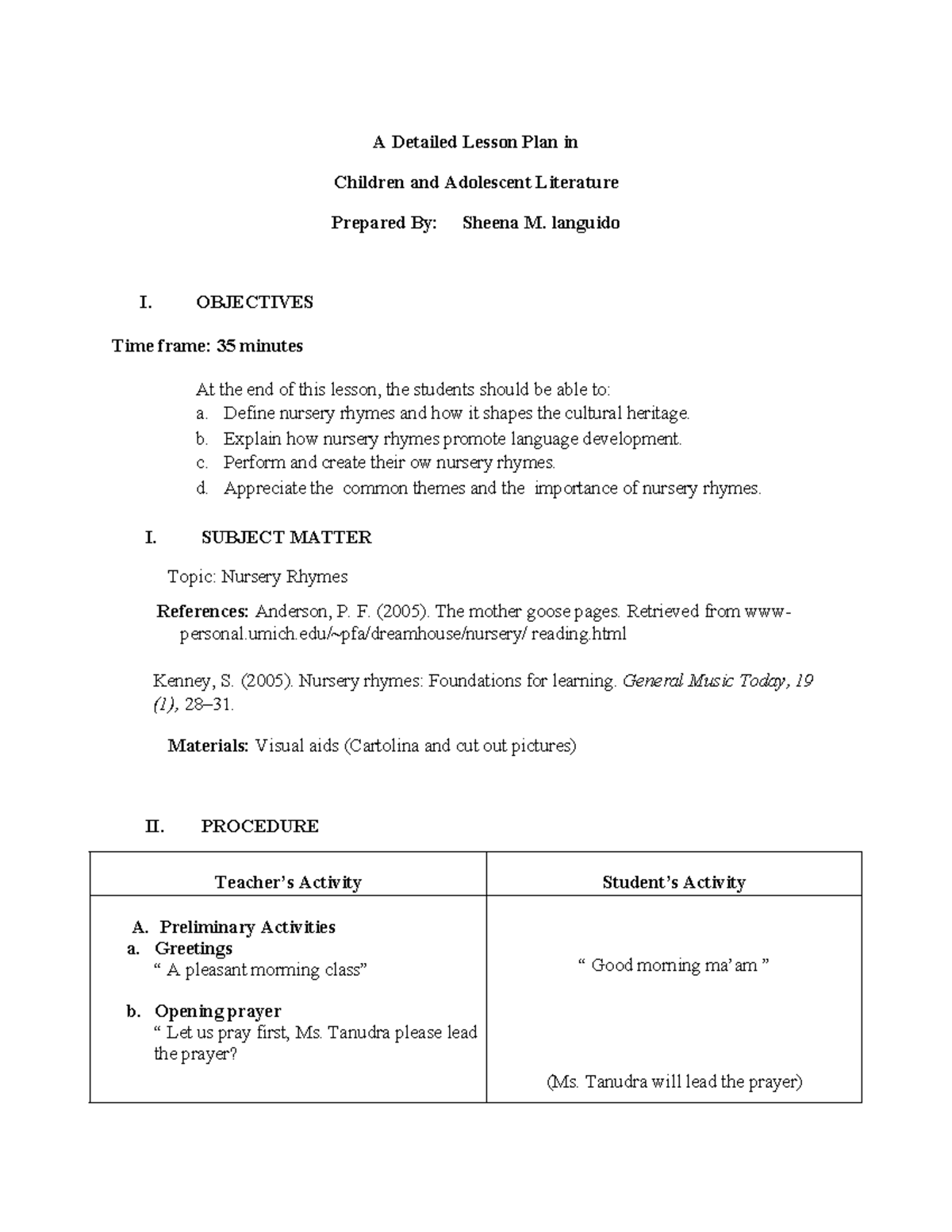 Nursery rhyme- lesson plan sheena - A Detailed Lesson Plan in Children ...