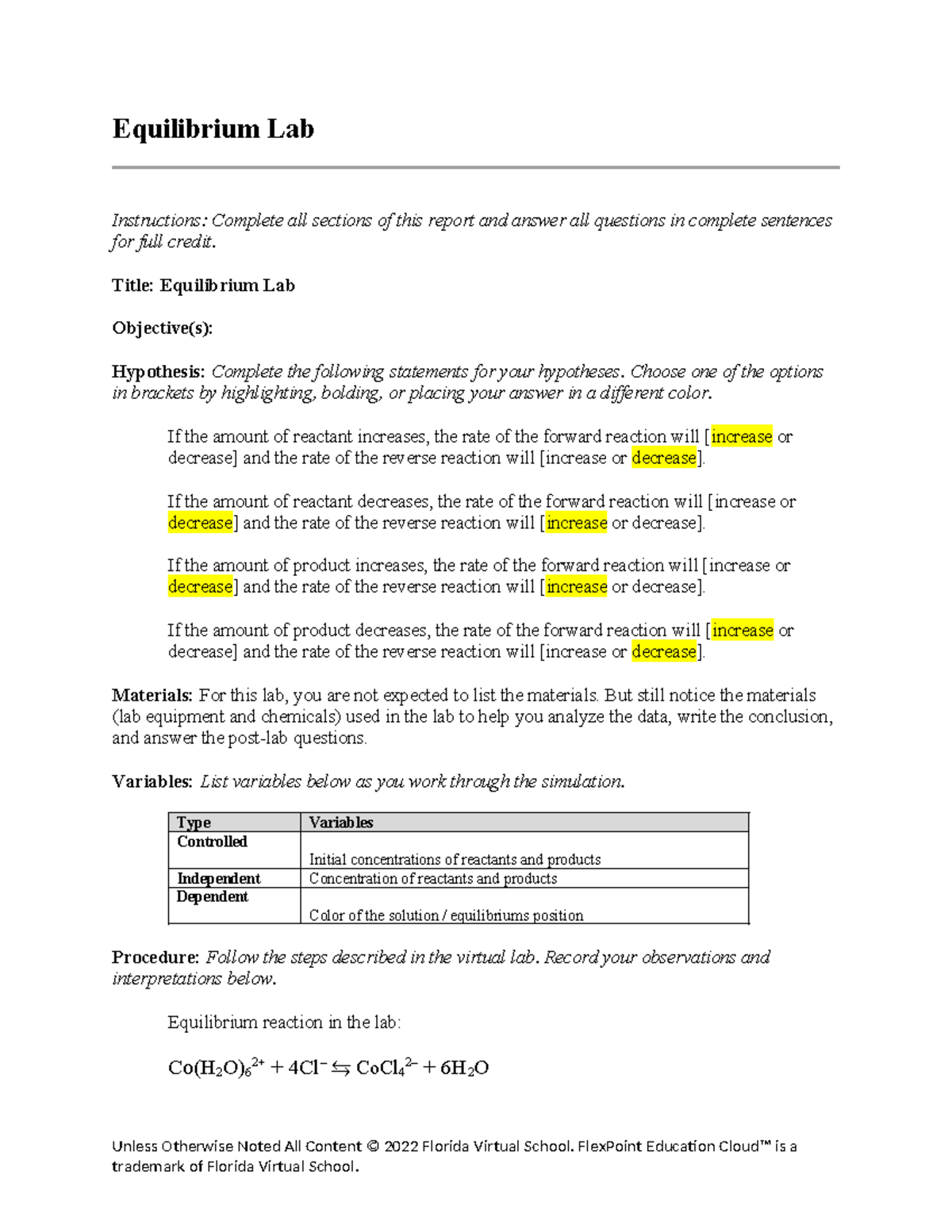 Equilibrium lab - Equilibrium Lab Instructions: Complete all sections ...