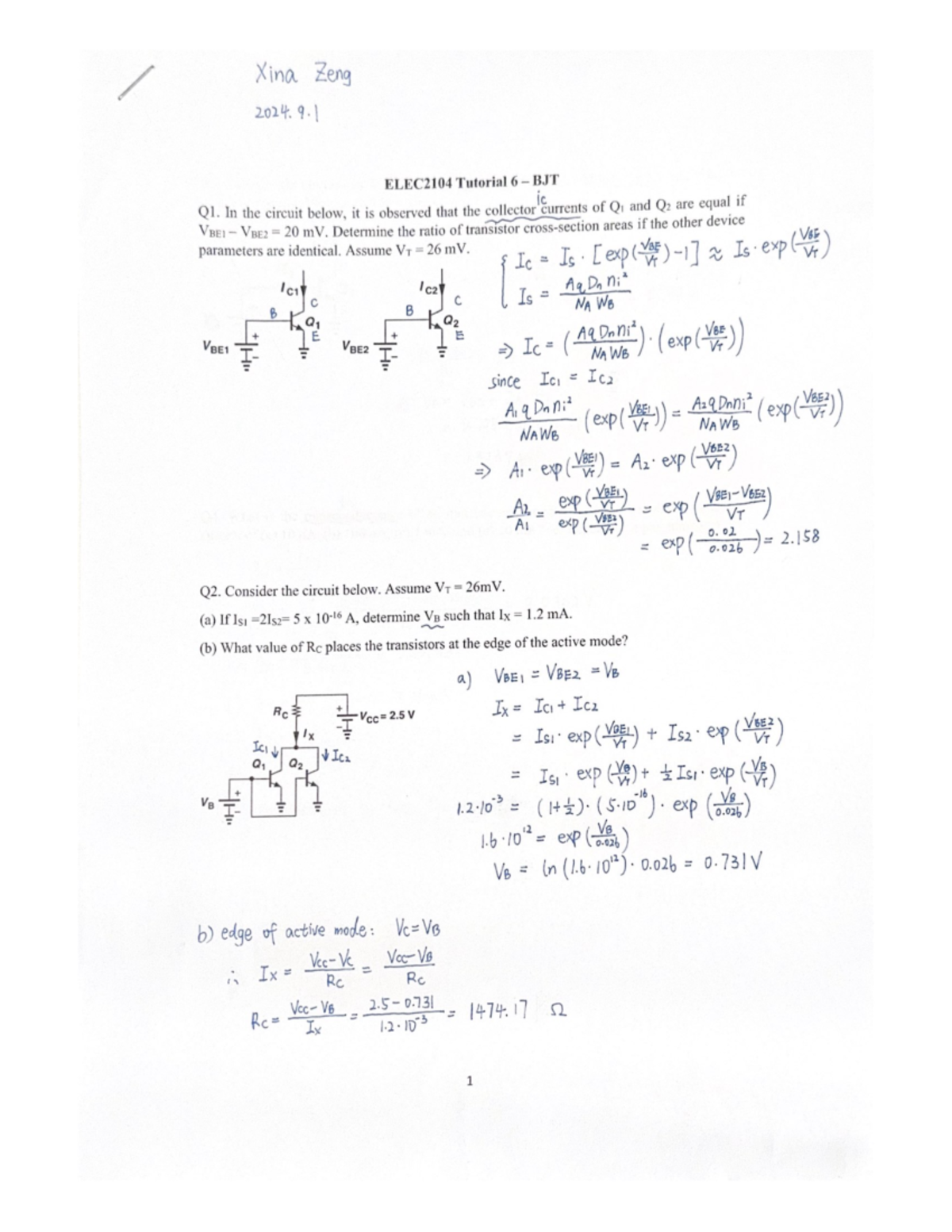 ELEC2104 tut6 solutions - Xina Zeng 2024.9 ELEC2104 Tutorial 6 BJT Q1. In the circuit below, it ...
