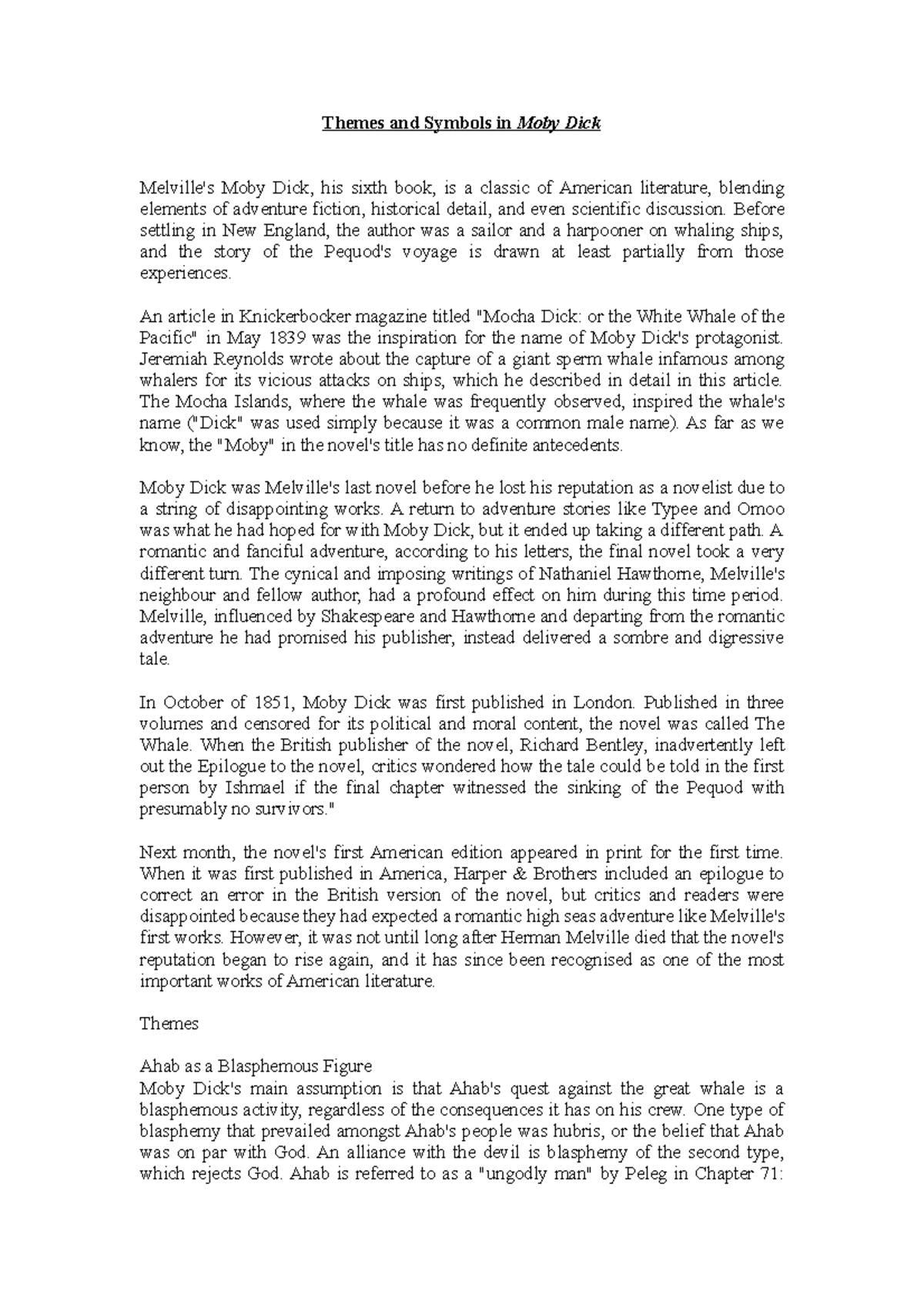 Themes and Symbols in Moby Dick - American Literature - AMU - Studocu