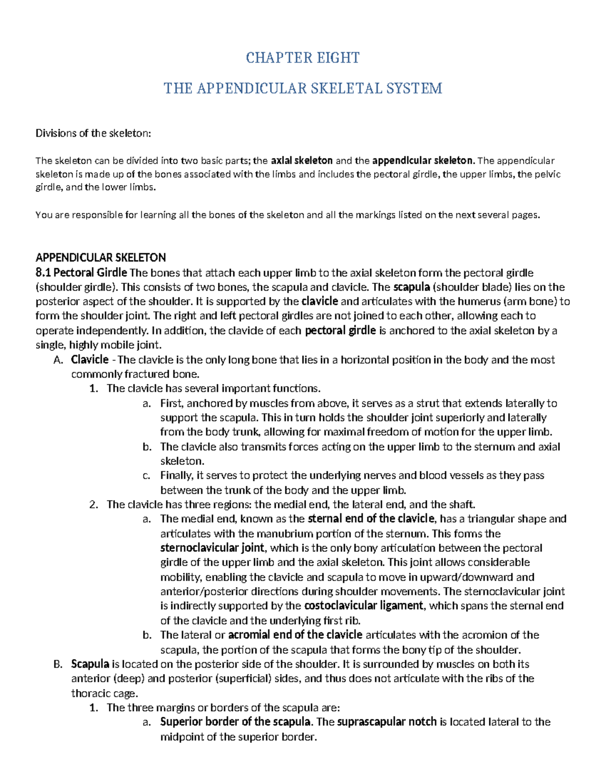 Ch. 8 - Appendicular Skeleton Outline 2 - CHAPTER EIGHT THE ...