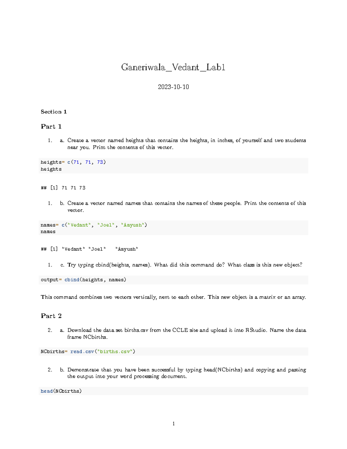 Ganeriwala Vedant Lab1 - Ganeriwala_Vedant_Lab 2023-10- Section 1 Part 1 a. Create a vector ...