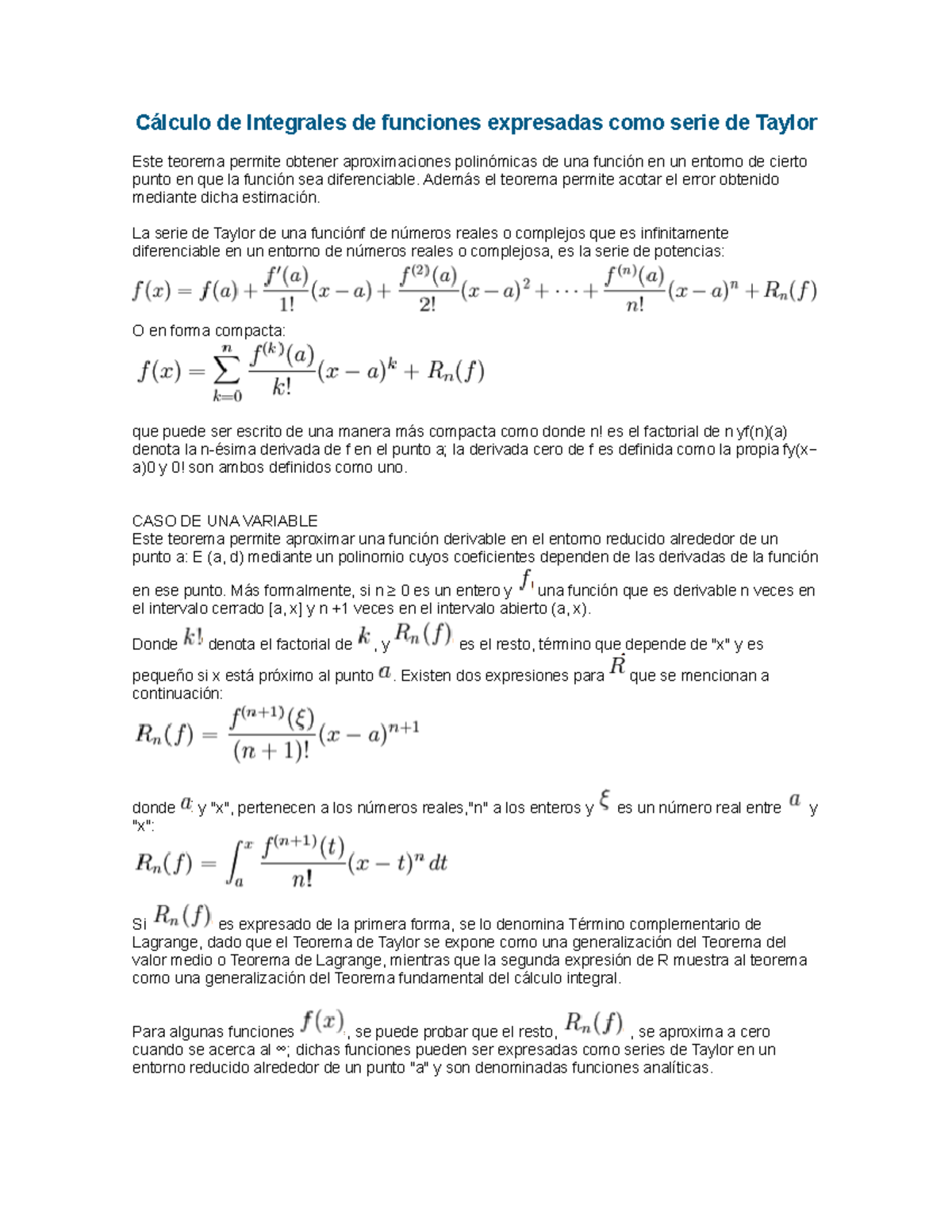 Cálculo de Integrales de funciones expresadas como serie de Taylor ...