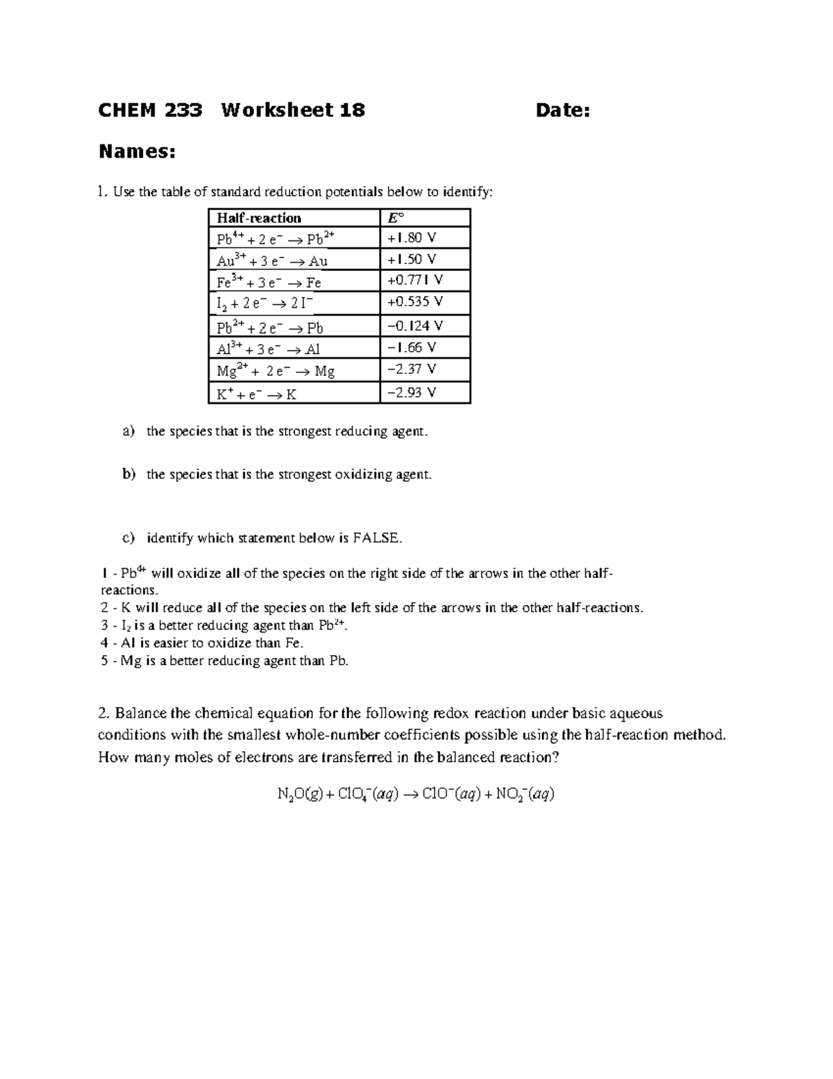 Worksheet 18 - Chem Homework - CHEM 233 Worksheet 18 Date: Names: 1 ...