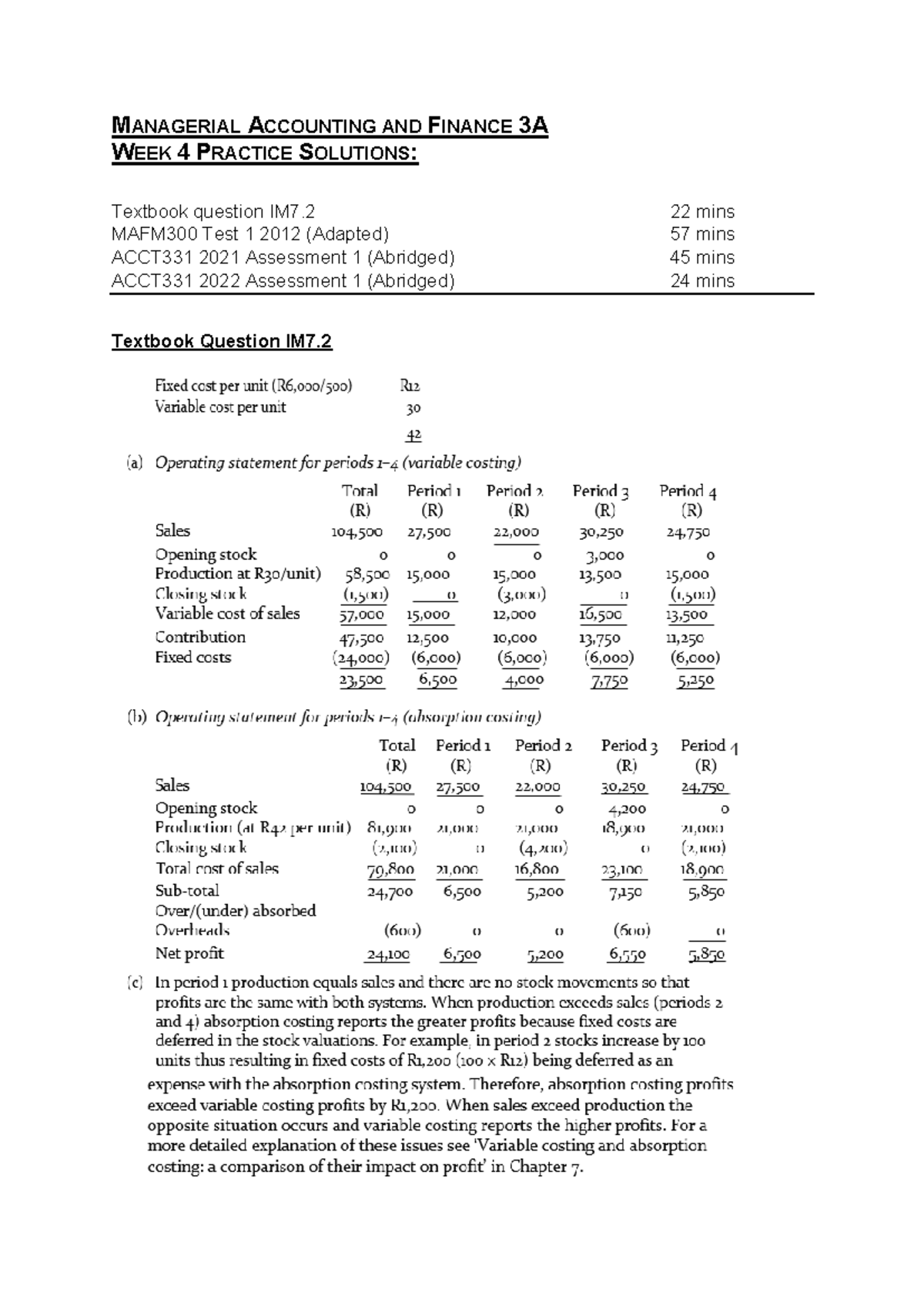 ACCT331 Week 4 Practice solutions - M ANAGERIAL ACCOUNTING AND FINANCE ...