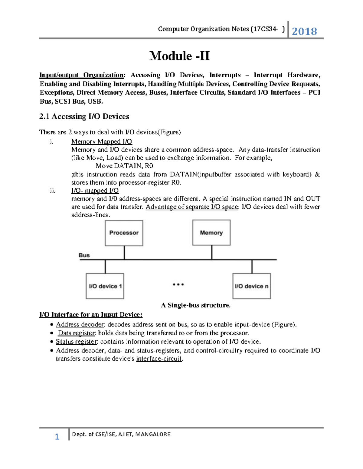 CO module 2 2018 complete - 2018 Module -II Input/output Organization: Accessing I/O Devices ...