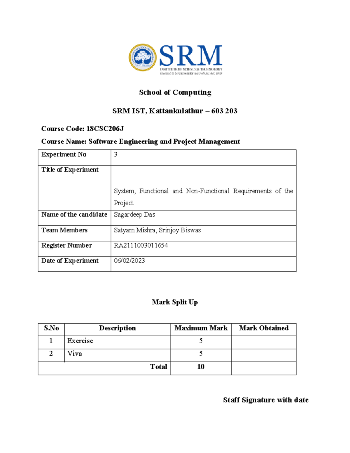 18CSC206J-SEPM Ex-3 - Lab work - School of Computing SRM IST ...