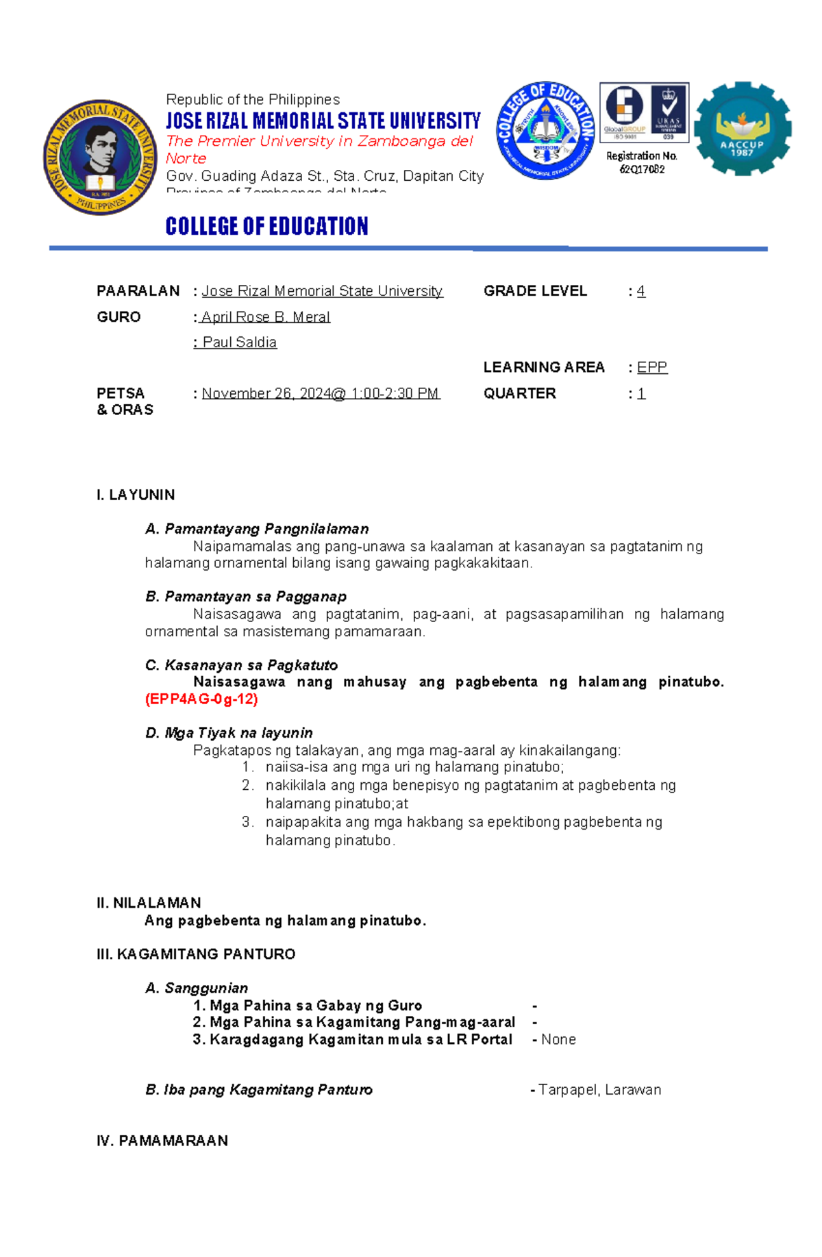 Epp lp - lesson plan - Hi COLLEGE OF EDUCATION PAARALAN : Jose Rizal ...