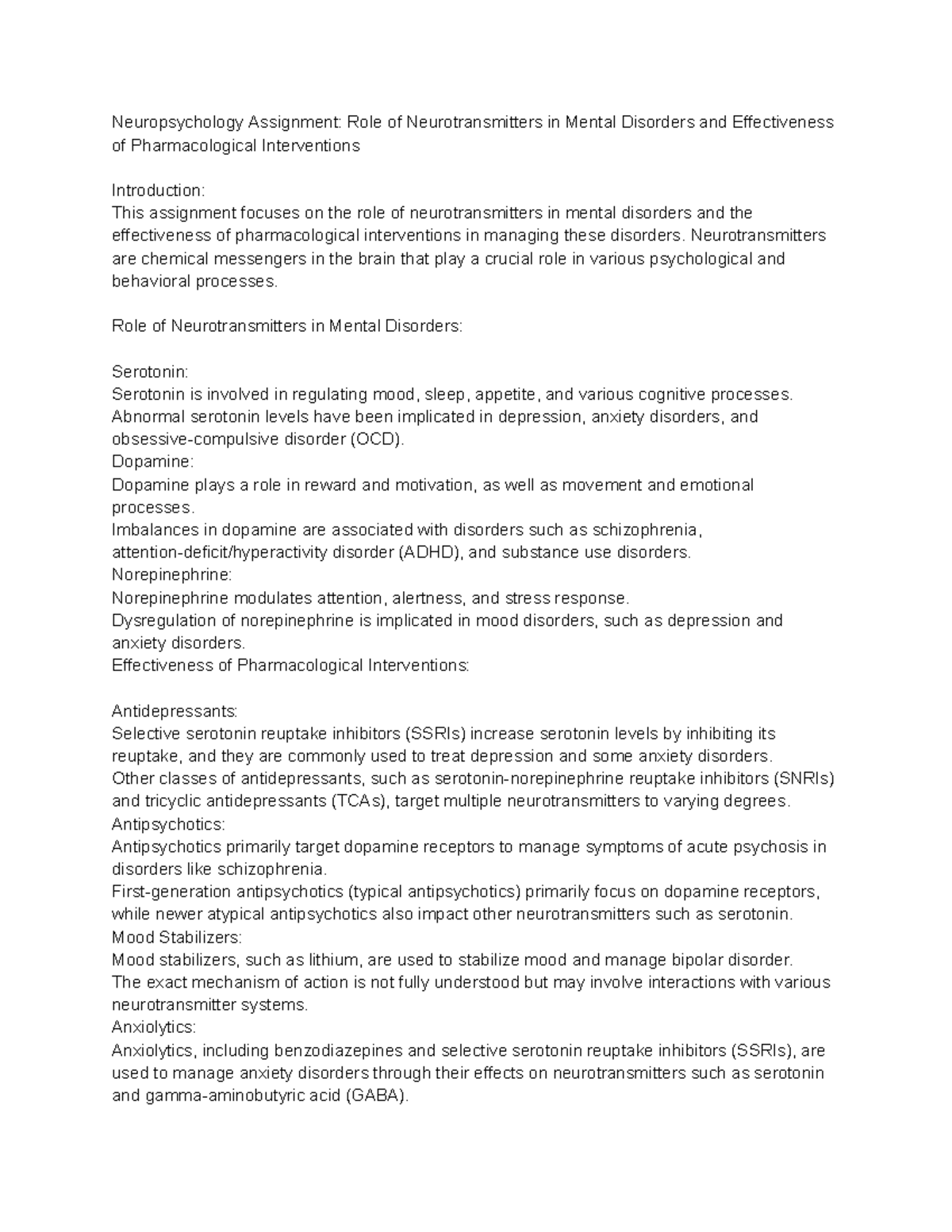 Neuropsychology Assignment - Neurotransmitters are chemical messengers ...