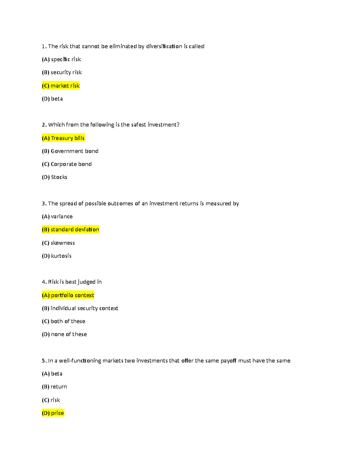 ACCT224 MCQ Quiz #2 - The risk that cannot be eliminated by diversification is called (A ...