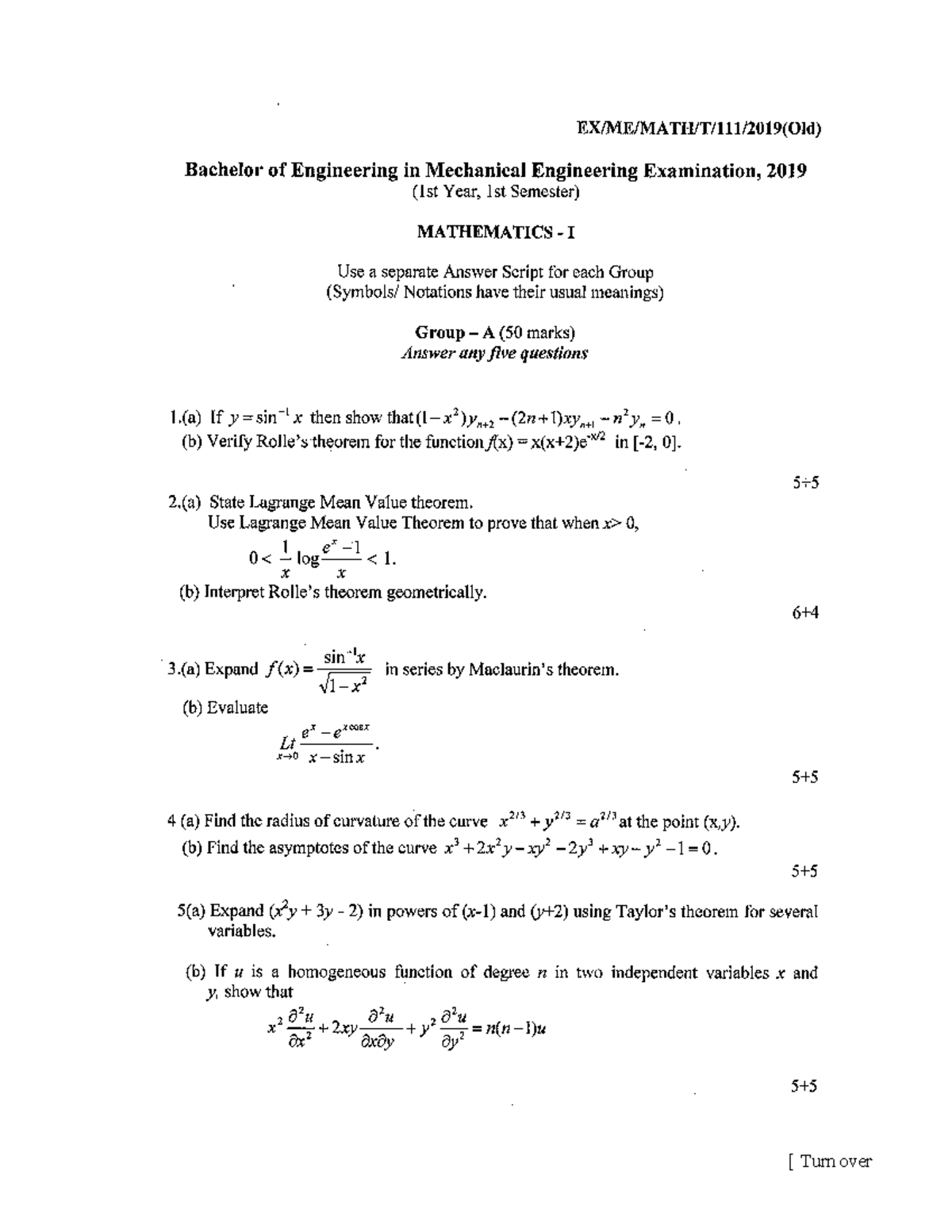 Mathematics I (OLD) - questions - mechanical engineering - [ Turn over ...