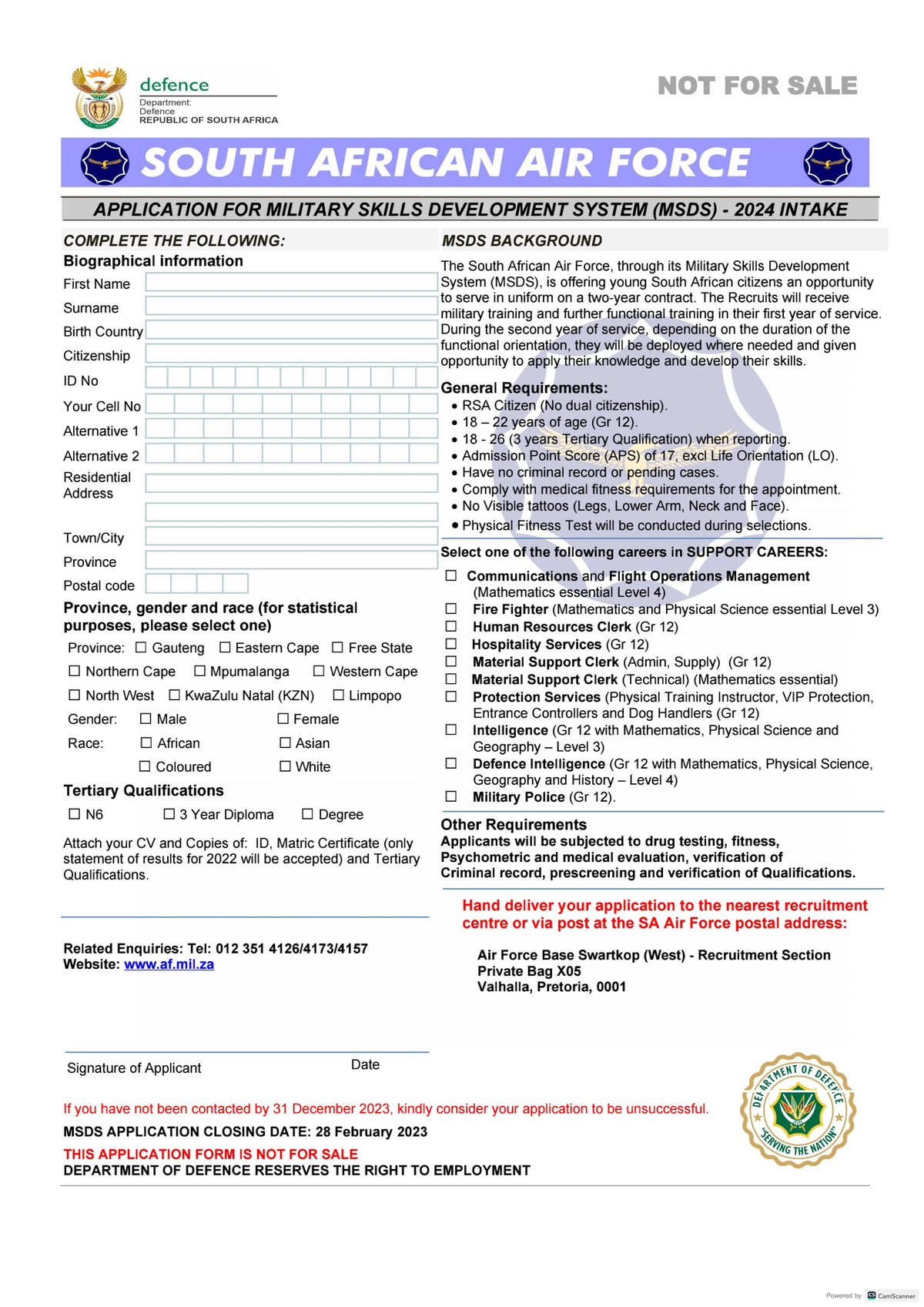 SA Air Force MSDS General Application 2023 - PLC1502 - Studocu