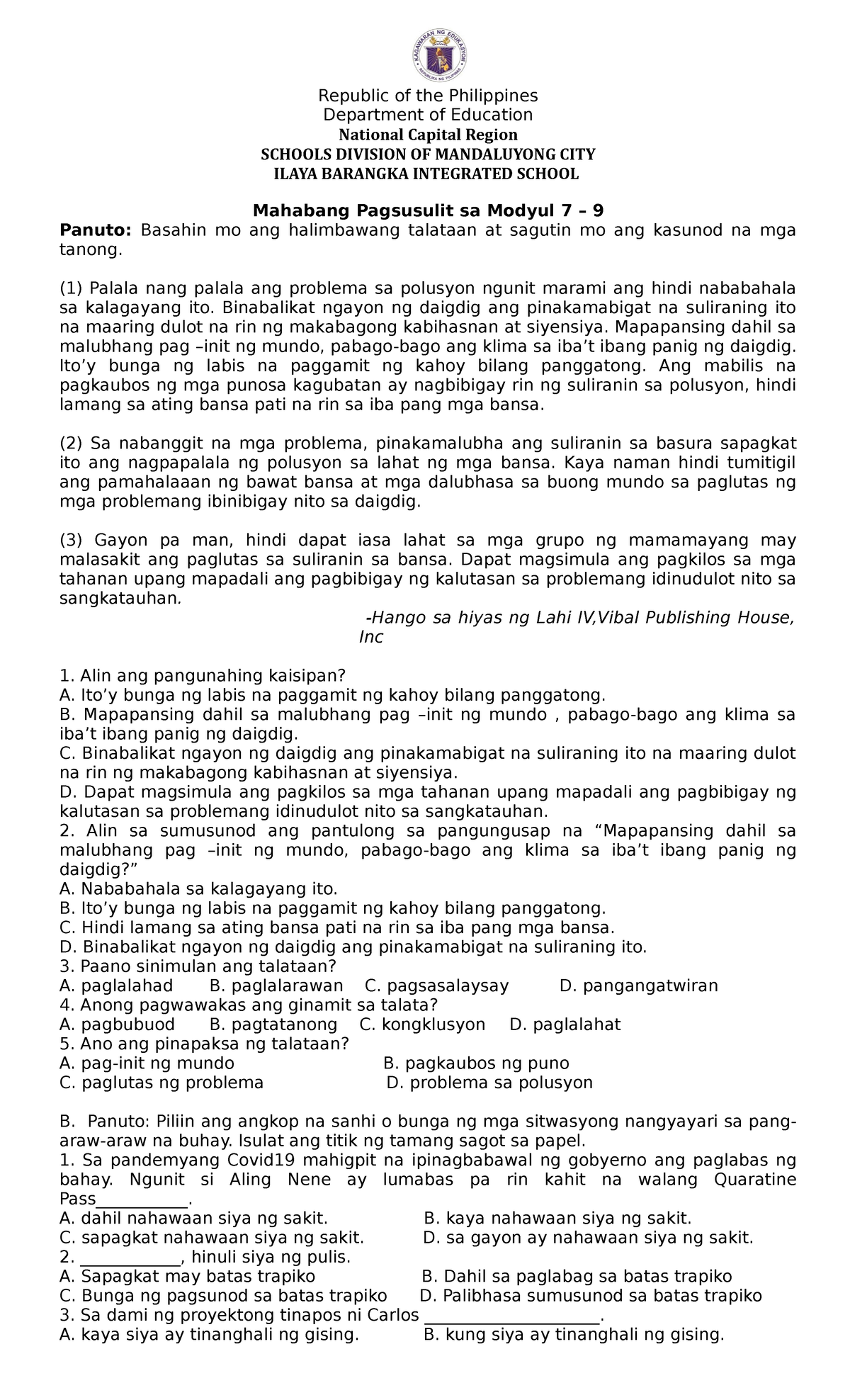 Mahabang-Pagsusulit - Pagsusulit na Gawain - Republic of the ...