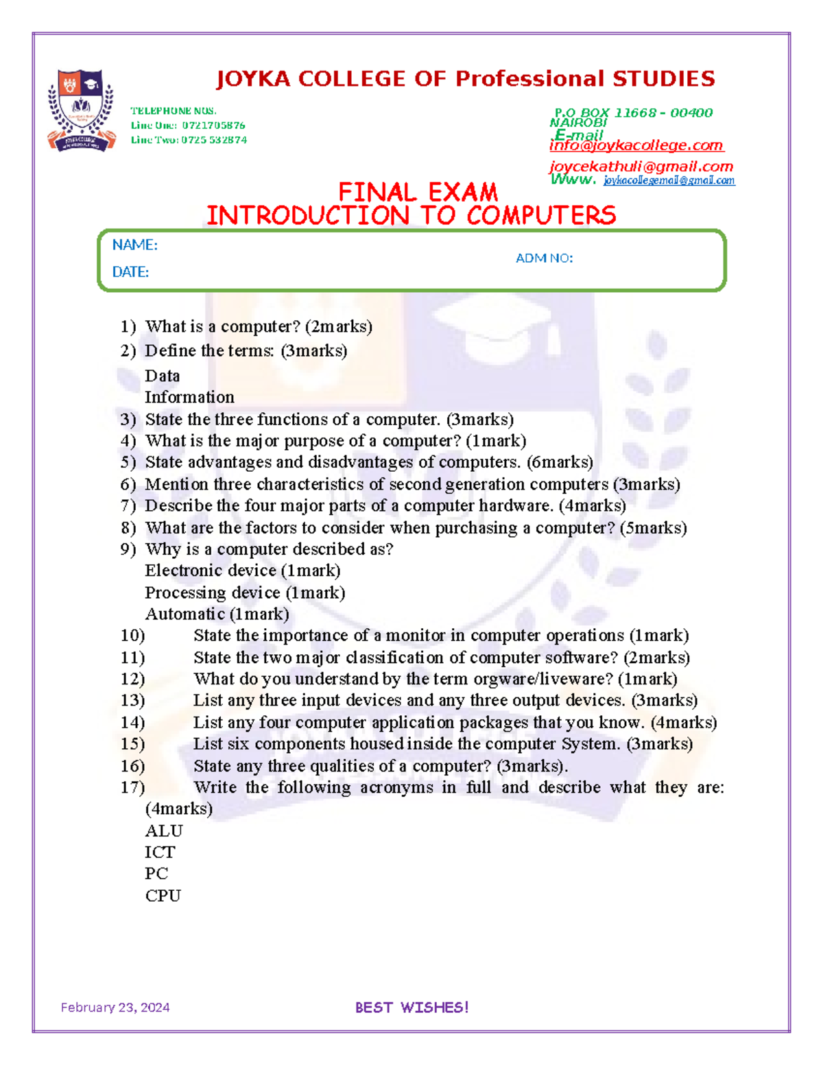 COMP Intro November Exams 2023 - February 23, 2024 JOYKA COLLEGE OF ...