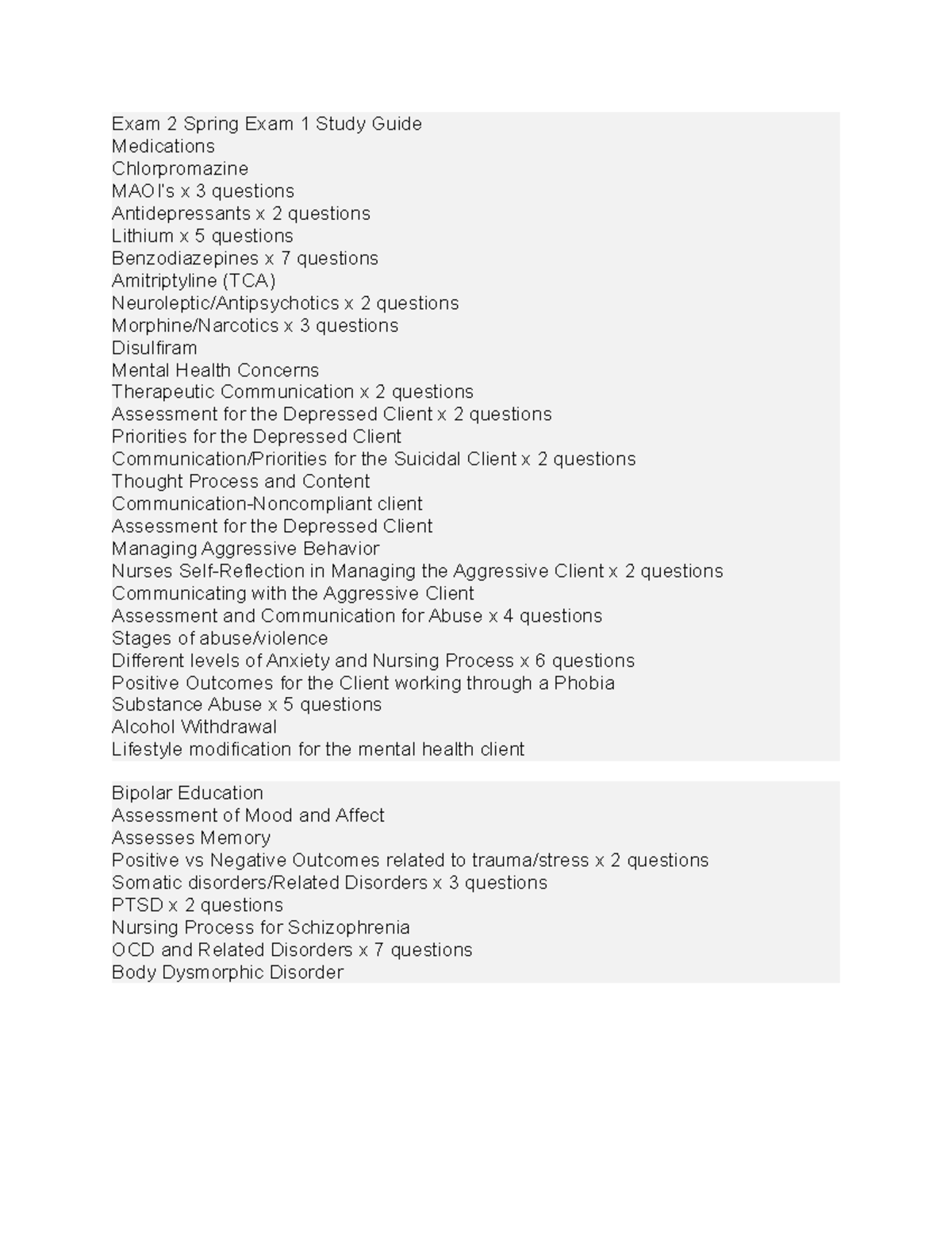 Exam 2 Spring Exam 1 Study Guide - Exam 2 Spring Exam 1 Study Guide Medications Chlorpromazine ...