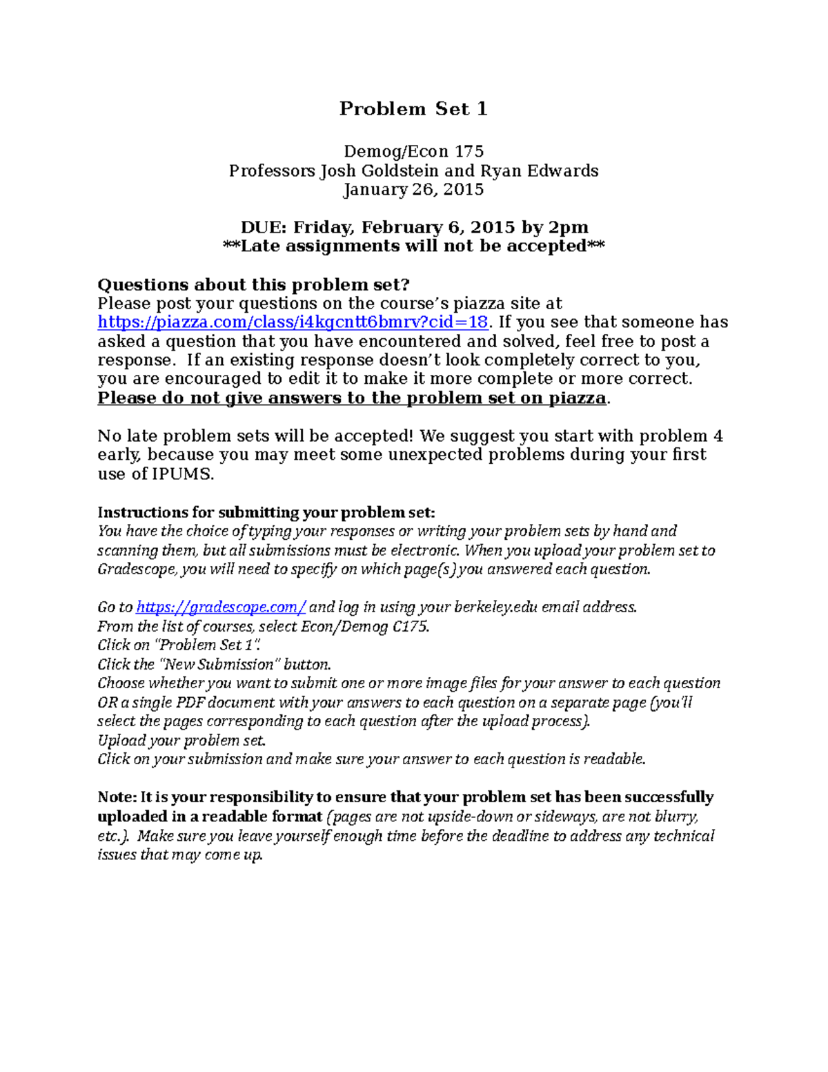 Ps1 - Spring 2015 - Problem Set 1 Demog/Econ 175 Professors Josh ...