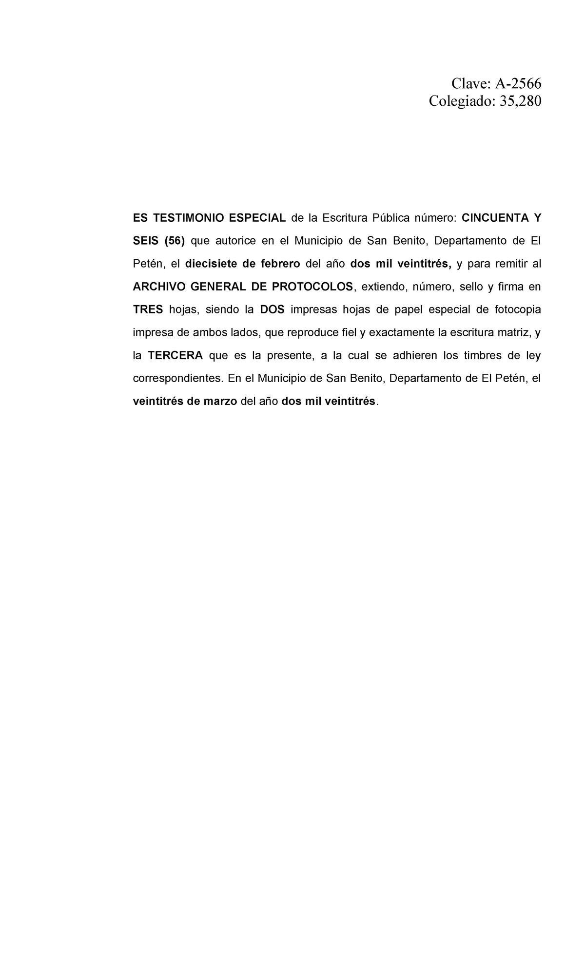 Testimonio Especial - Clave: A- Colegiado: 35, ES TESTIMONIO ESPECIAL ...