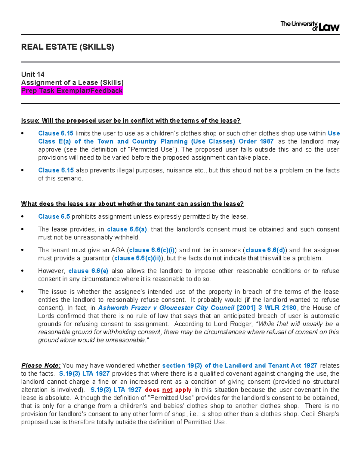 WS14 - Assignment of a Lease (Skills) - Prep Task Exemplar - REAL ...