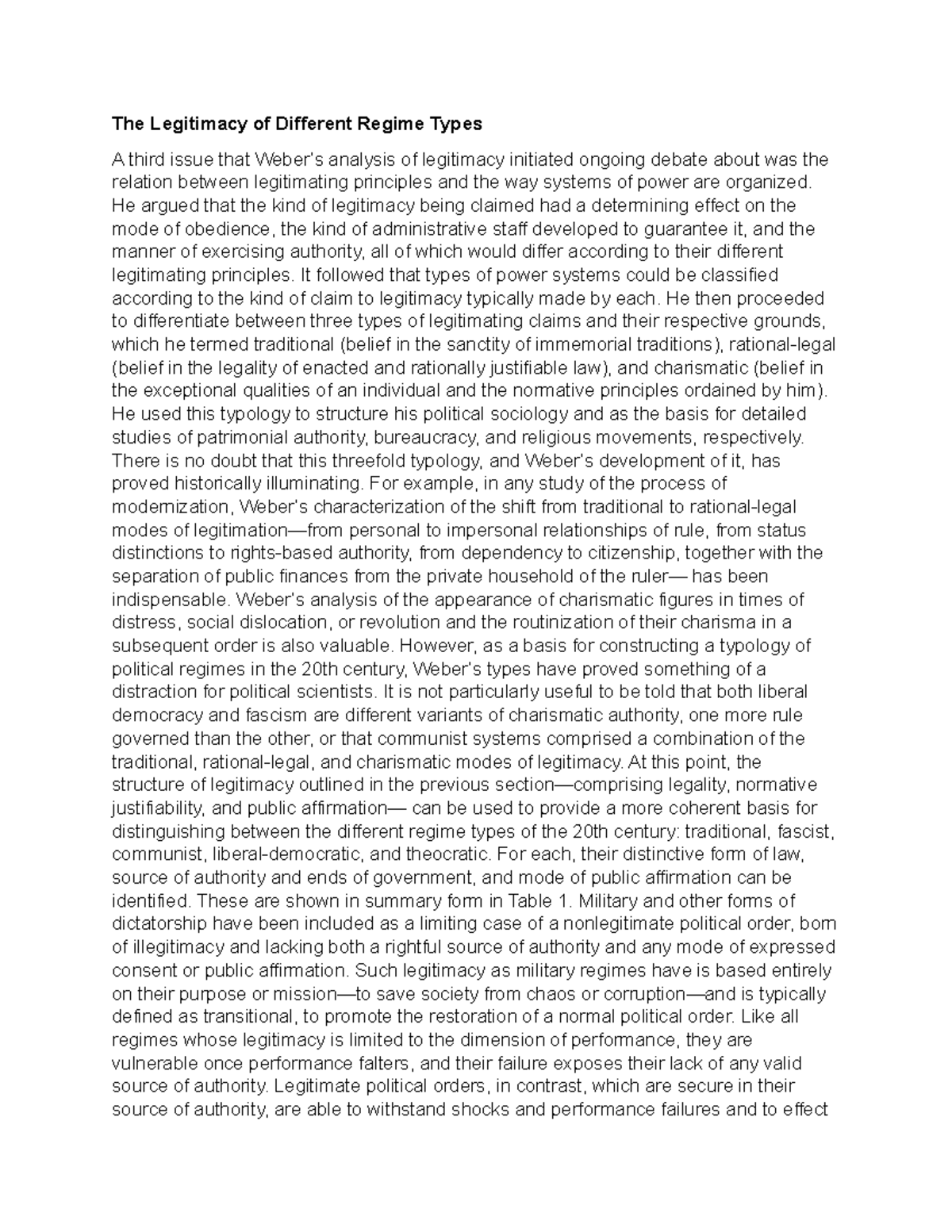 The Legitimacy of Different Regime Types - He argued that the kind of ...