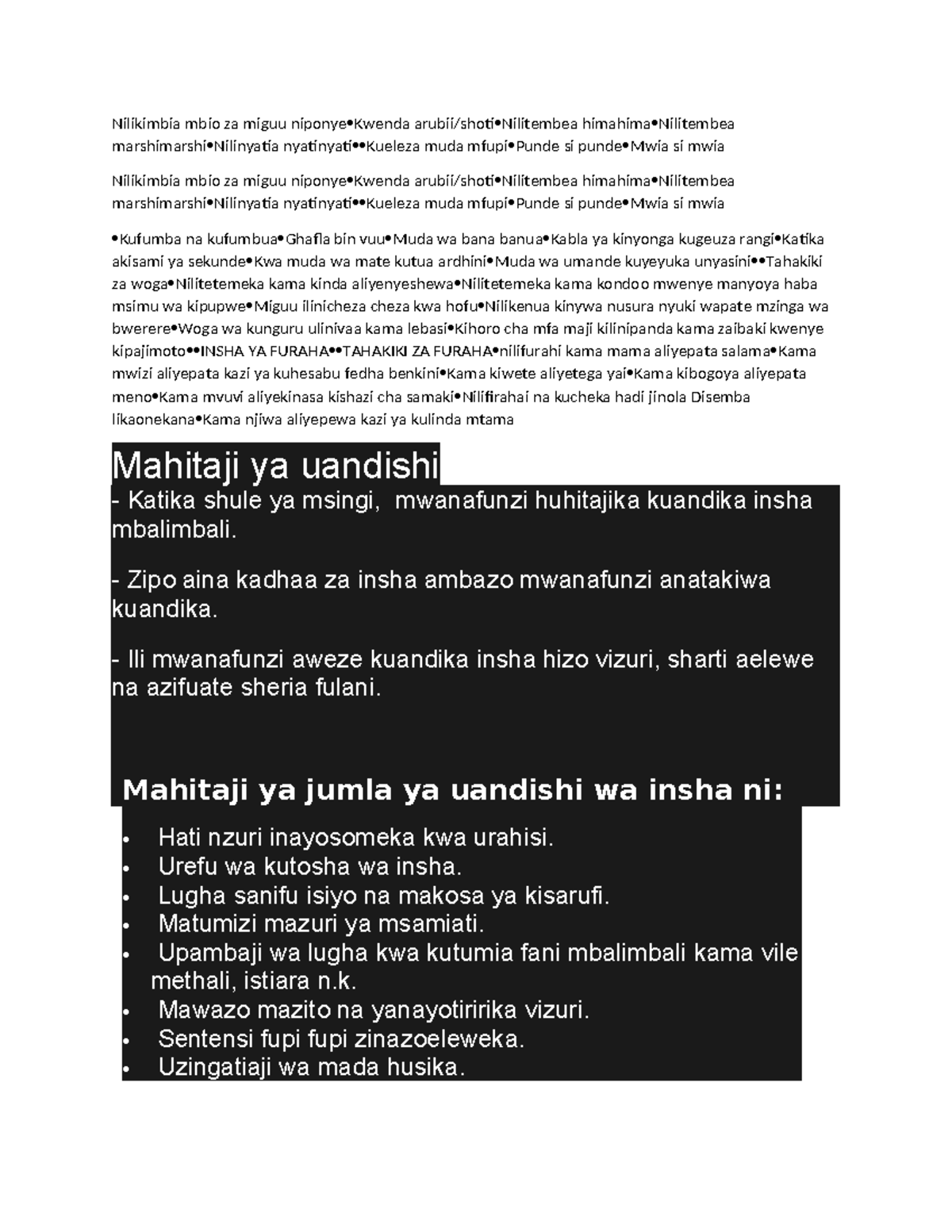 Kusahihisha insha - Kiswahili - Nilikimbia mbio za miguu niponye Kwenda ...