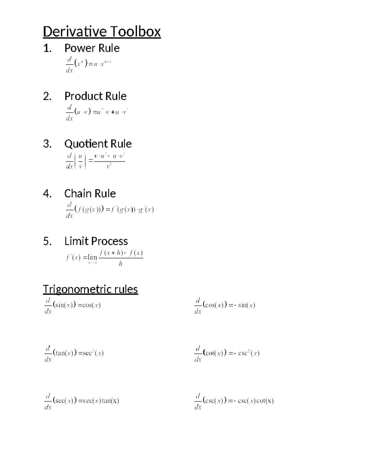 Derivative Toolbox - Power Rule 2. Product Rule 3. Quotient Rule 4 ...