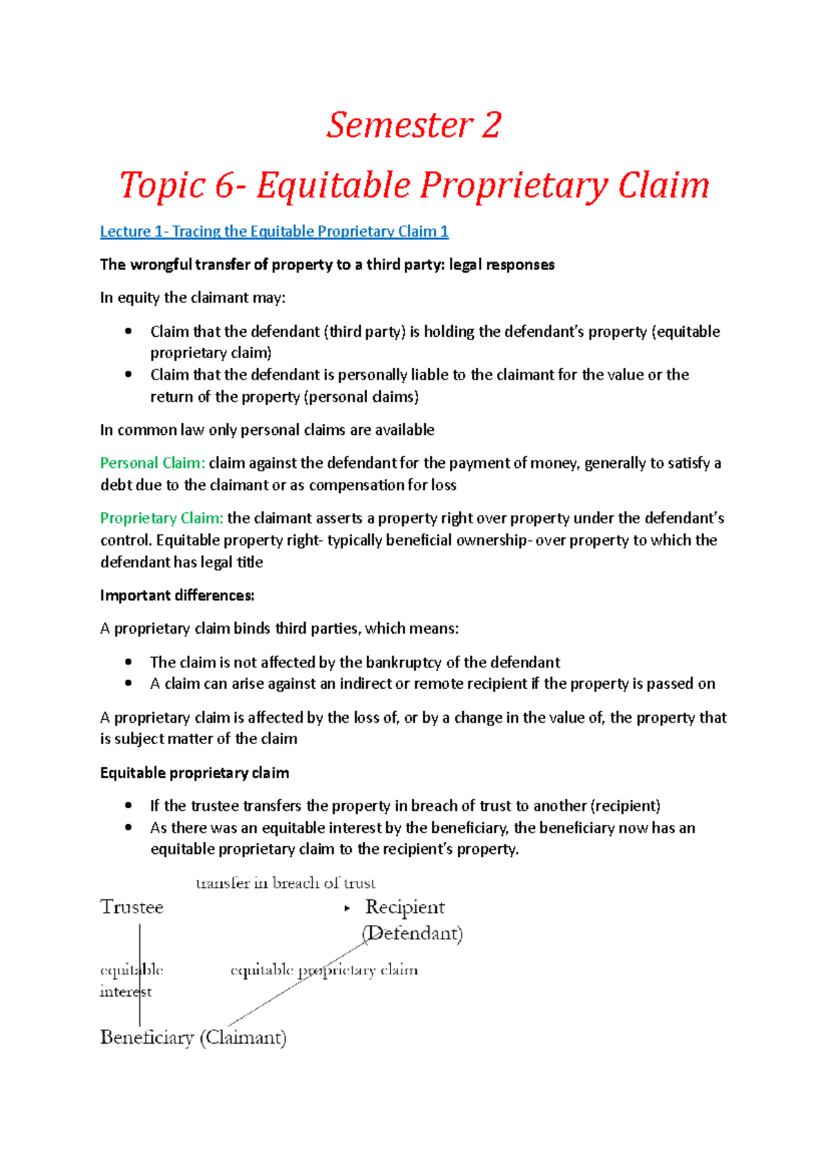 Topic 6- equitable remedies and tracing - Semester 2 Topic 6- Equitable ...