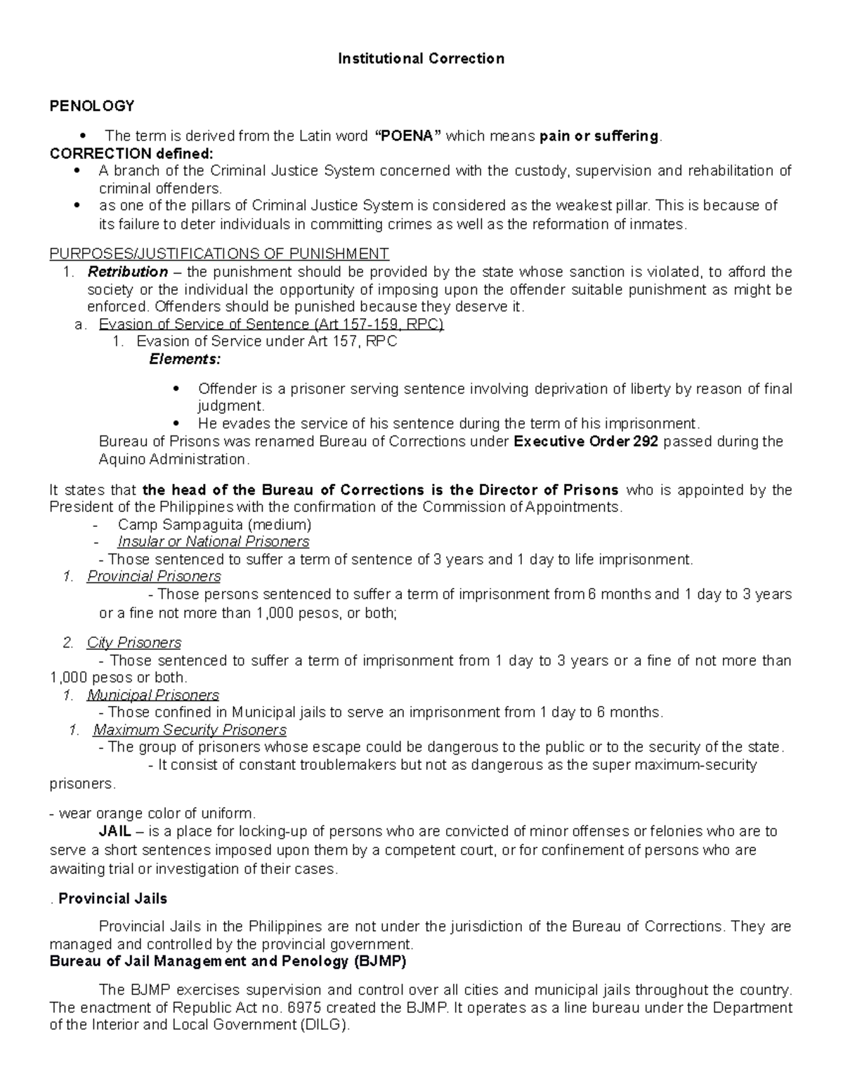 Correction and administration - Institutional Correction PENOLOGY The ...