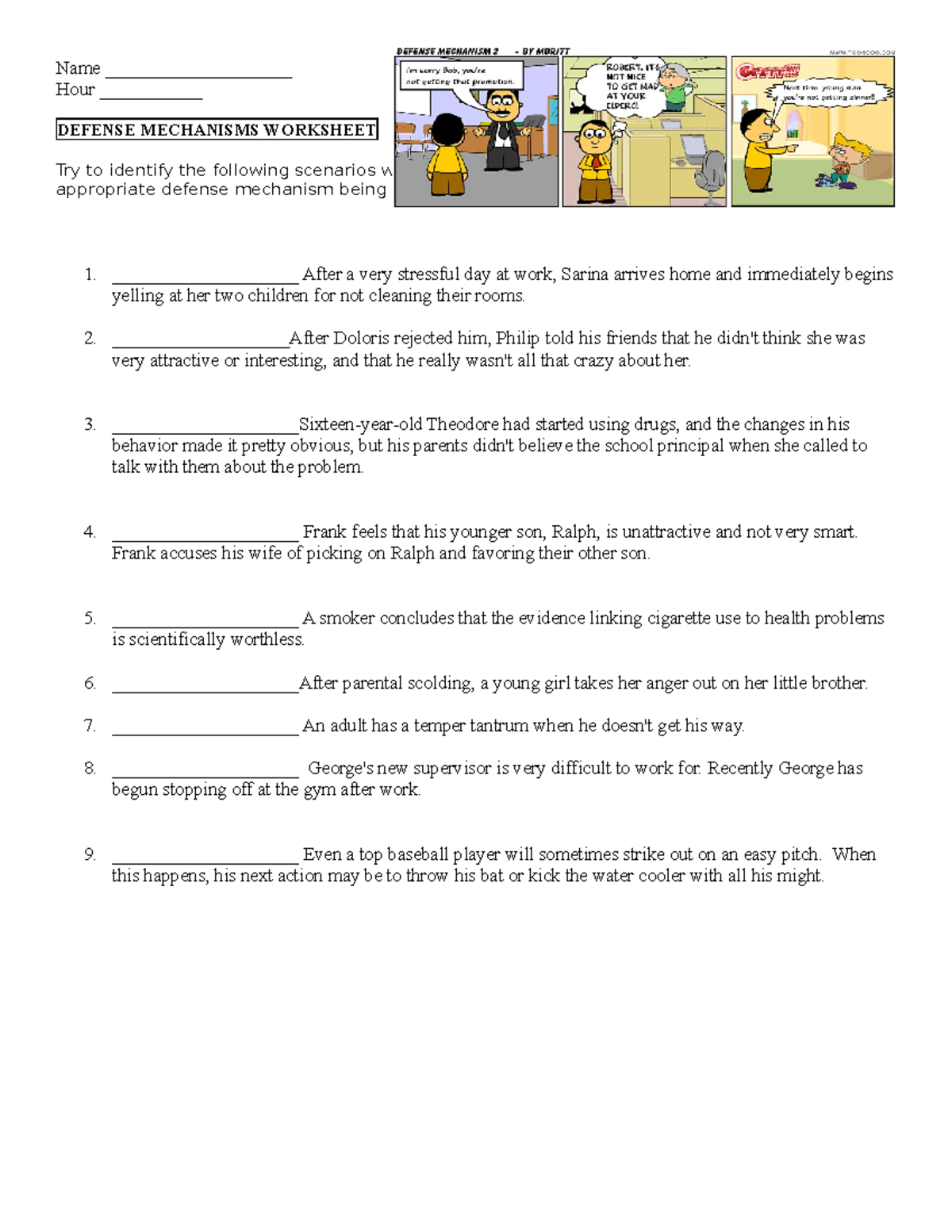 Defense Mechanisms Worksheet - Name ____________________ Hour ...