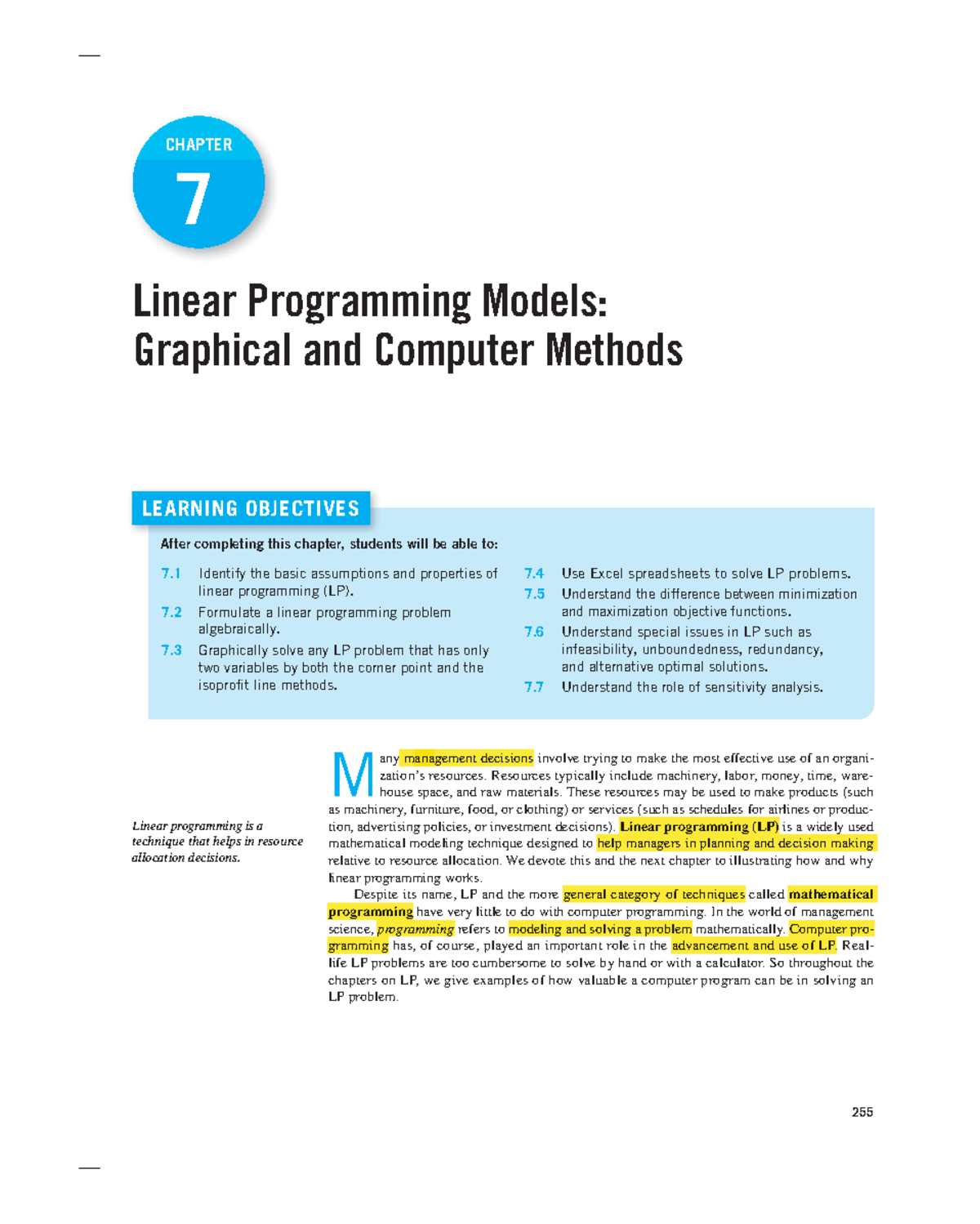 Chapter 7 Linear Programming Models Graphical and Computer Methods - 255 Linear Programming ...