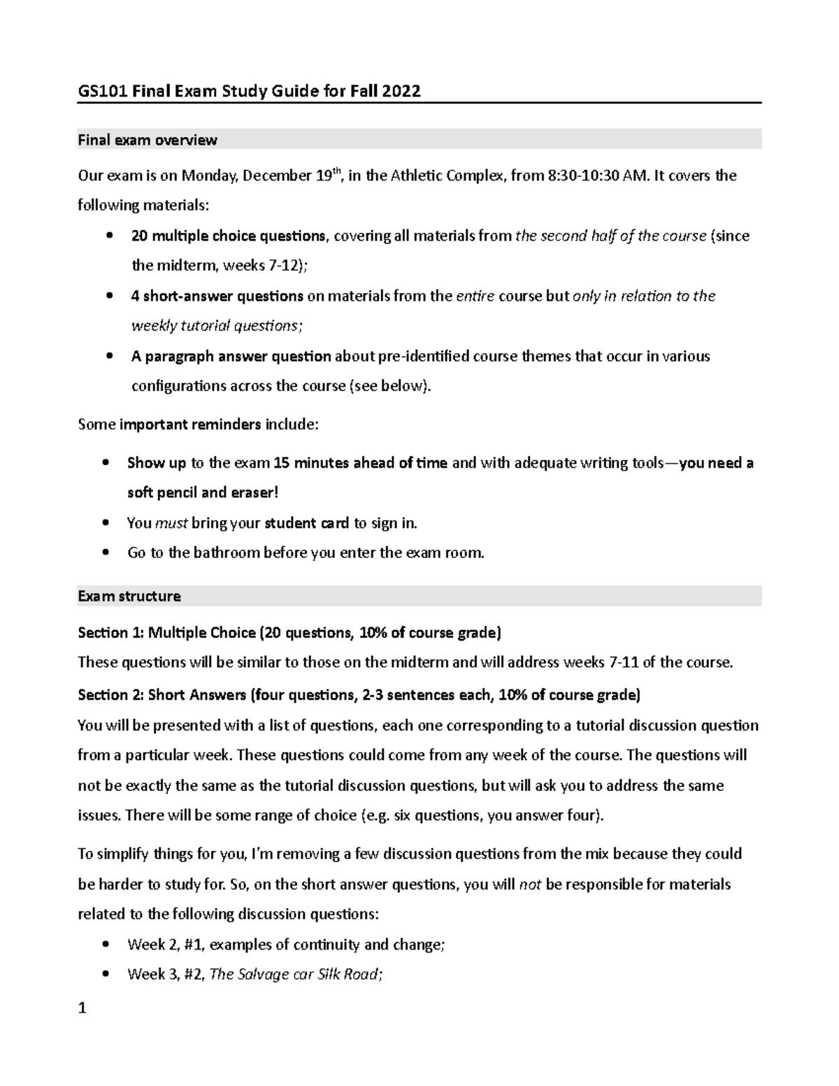 GS101 Final exam Study Guide-F2022 - GS101 Final Exam Study Guide for ...