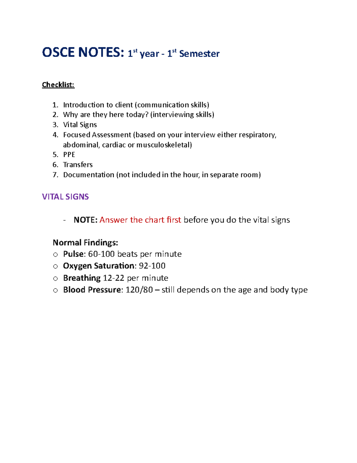 Osce notes - OSCE NOTES: 1 st year - 1st Semester Checklist: 1. 2. 3. 4 ...