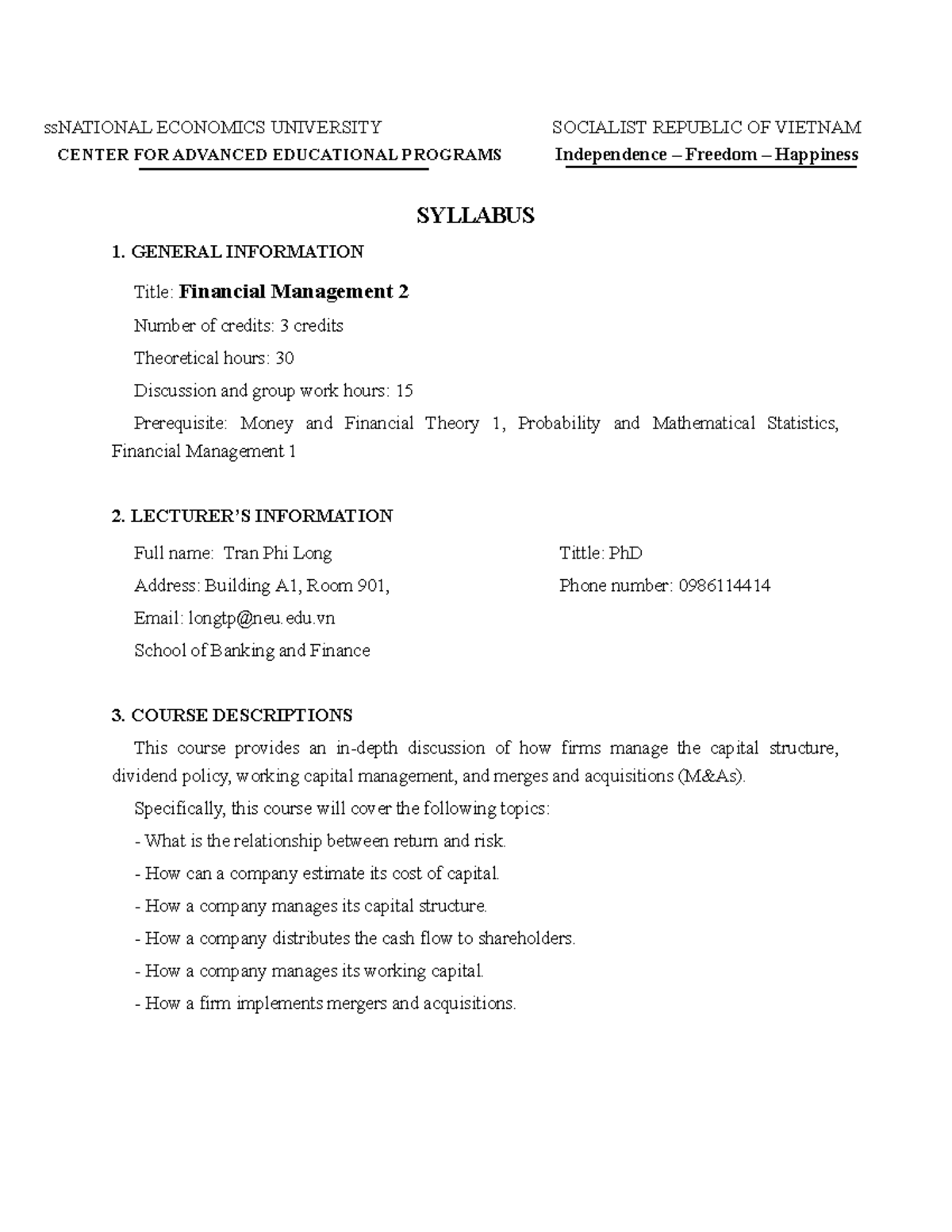 Syllabus Financial Management 2 - ssNATIONAL ECONOMICS UNIVERSITY ...