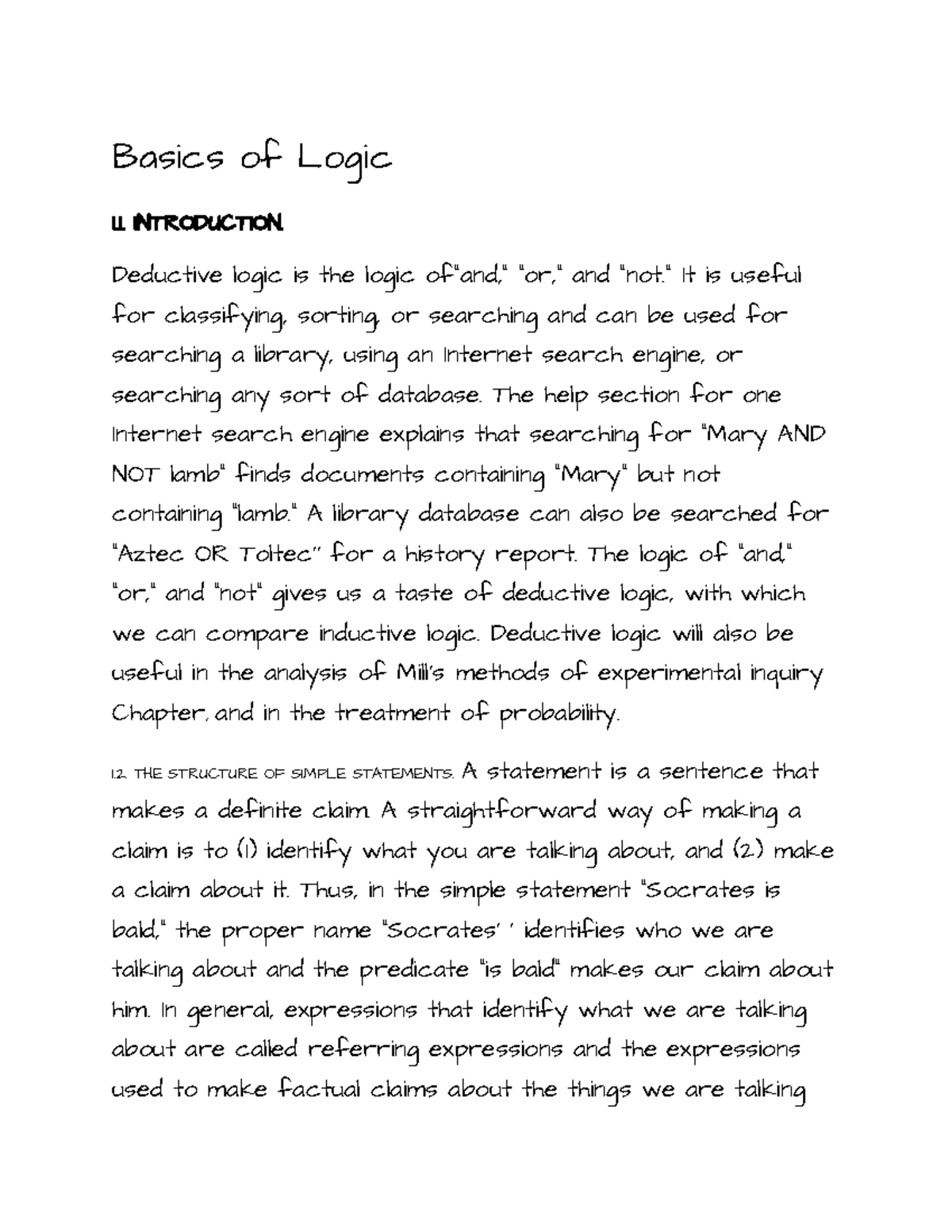 Basics of Logic-3 - Chapter 1 - Basics of Logic I. INTRODUCTION ...