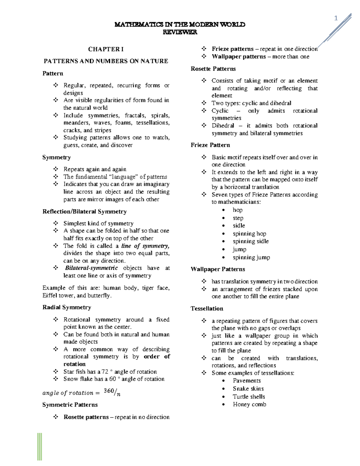 MMW Reviewer - MATHEMATICS IN THE MODERN WORLD REVIEWER CHAPTER I PATTERNS AND NUMBERS ON NATURE ...